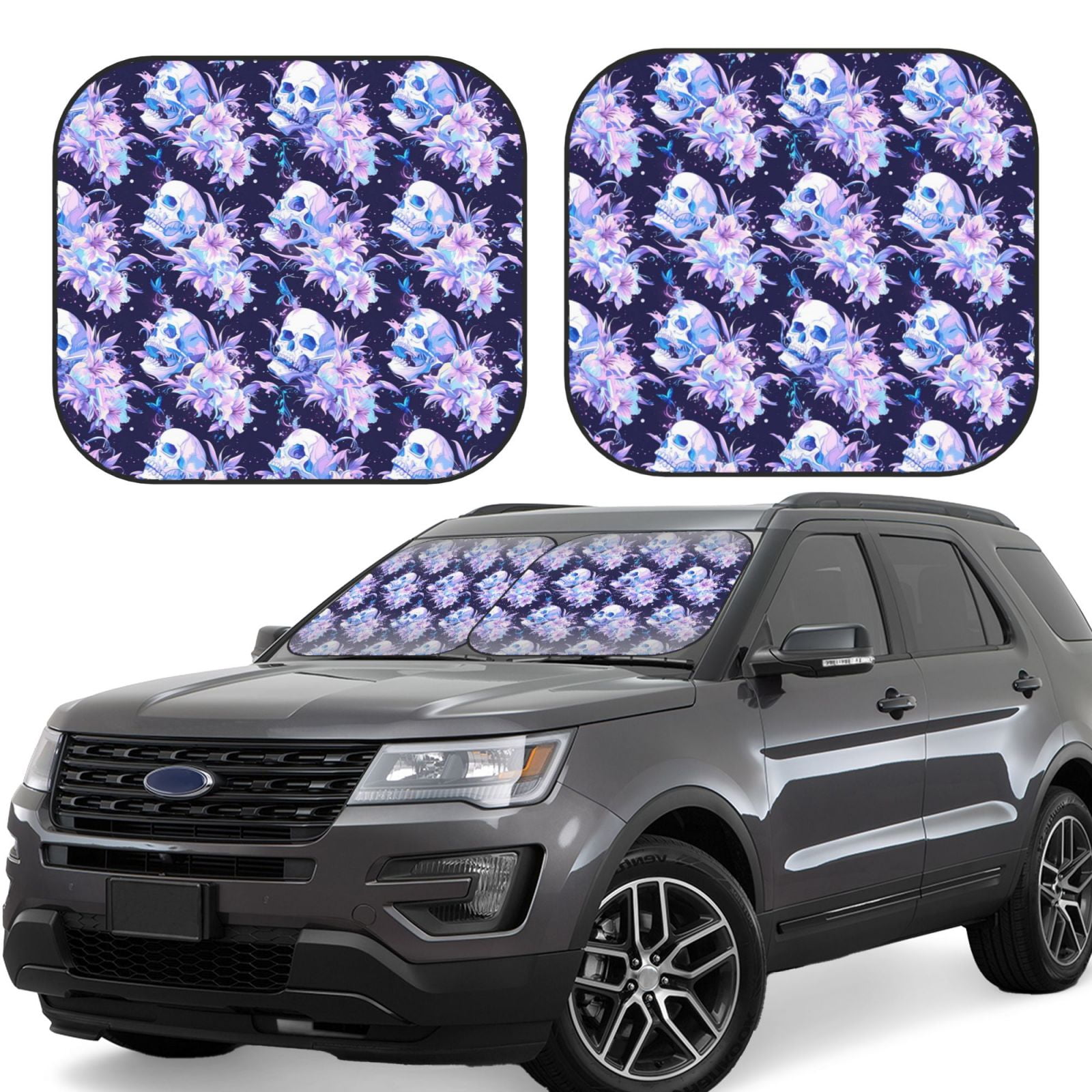 2 Piece Car Windshield Sun Shade - Blue Starry Sky Skull Flower ...