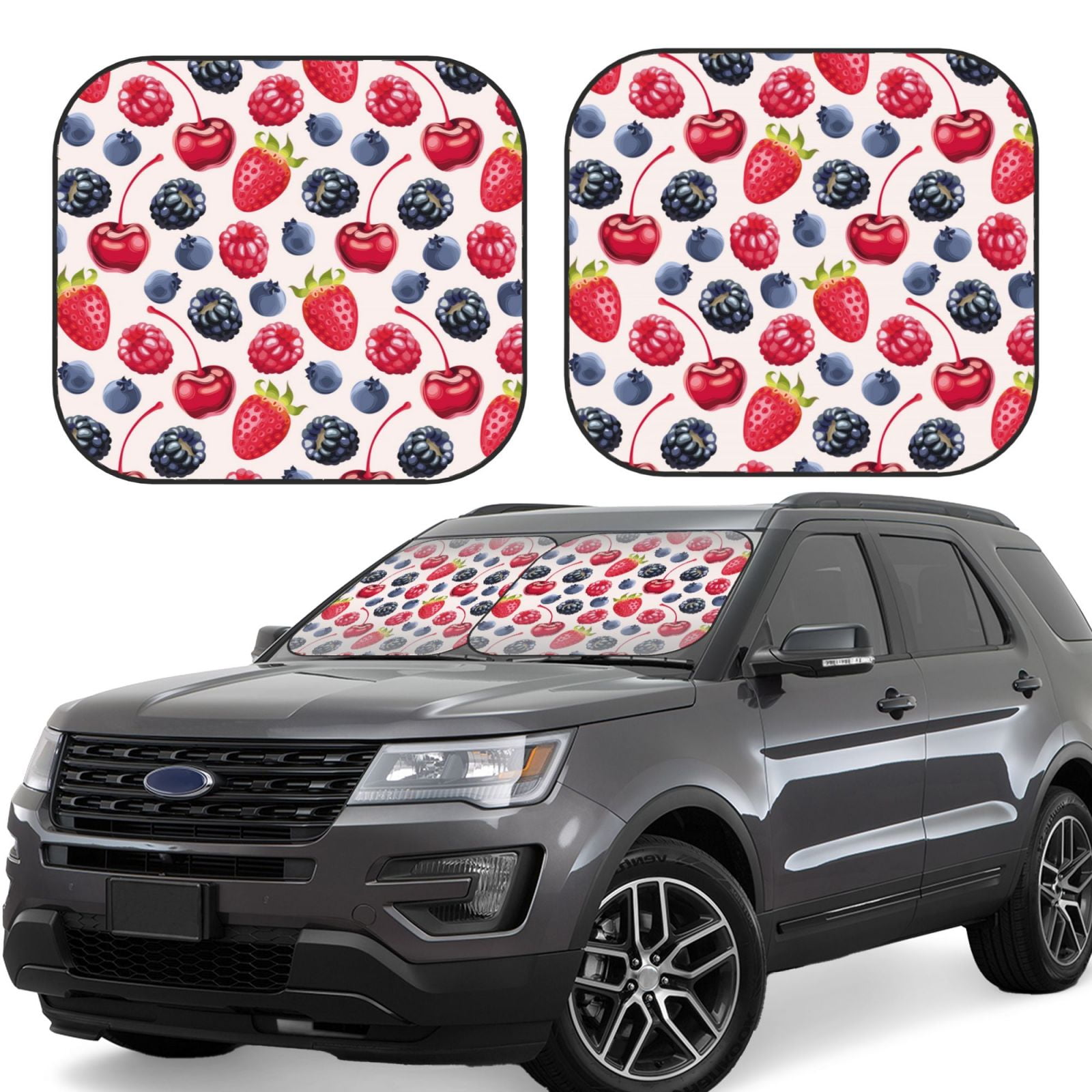 2 Piece Car Windshield Sun Shade - Blueberry Red Print Foldable Front ...