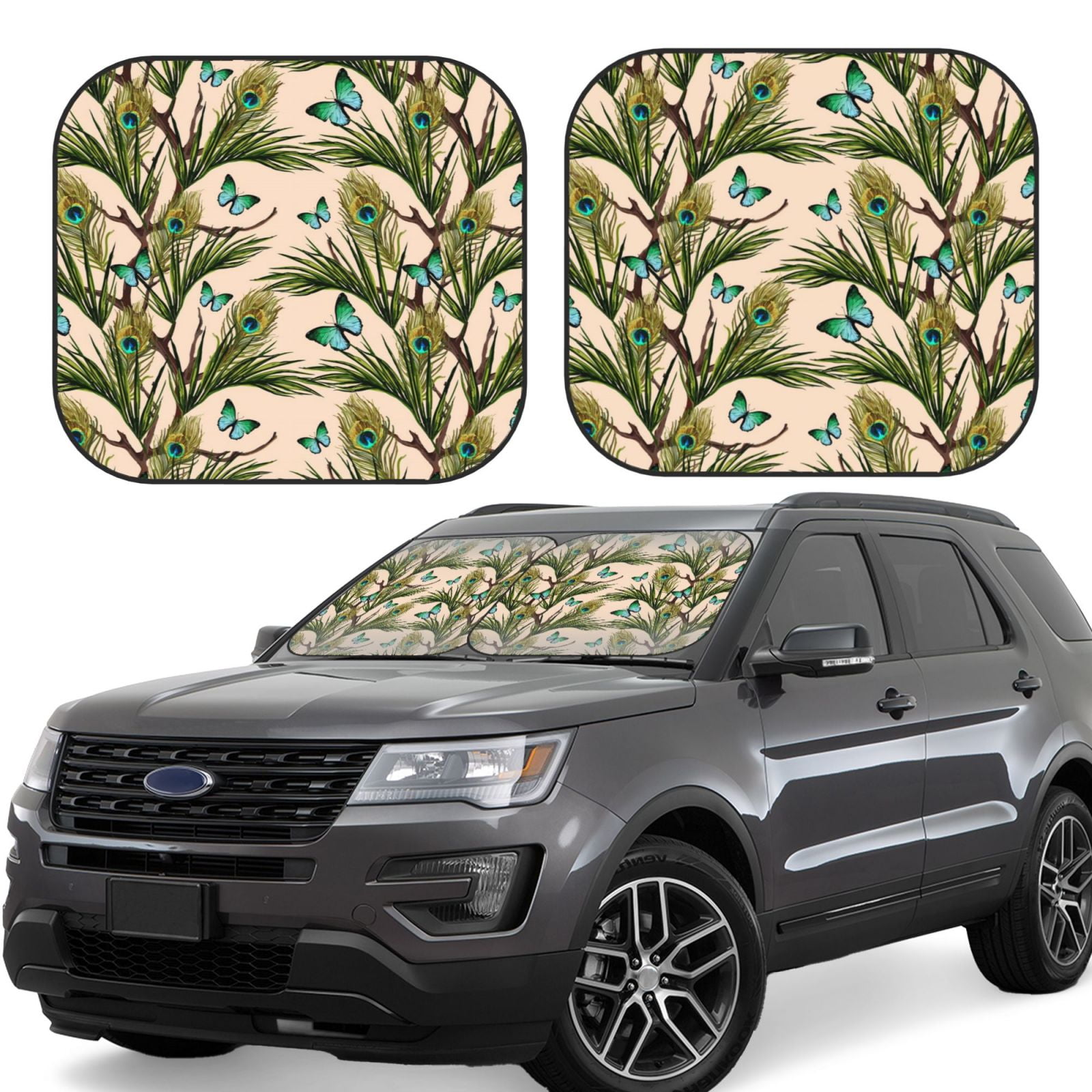 2 Piece Car Windshield Sun Shade - Butterflies And Peacock Feathers ...
