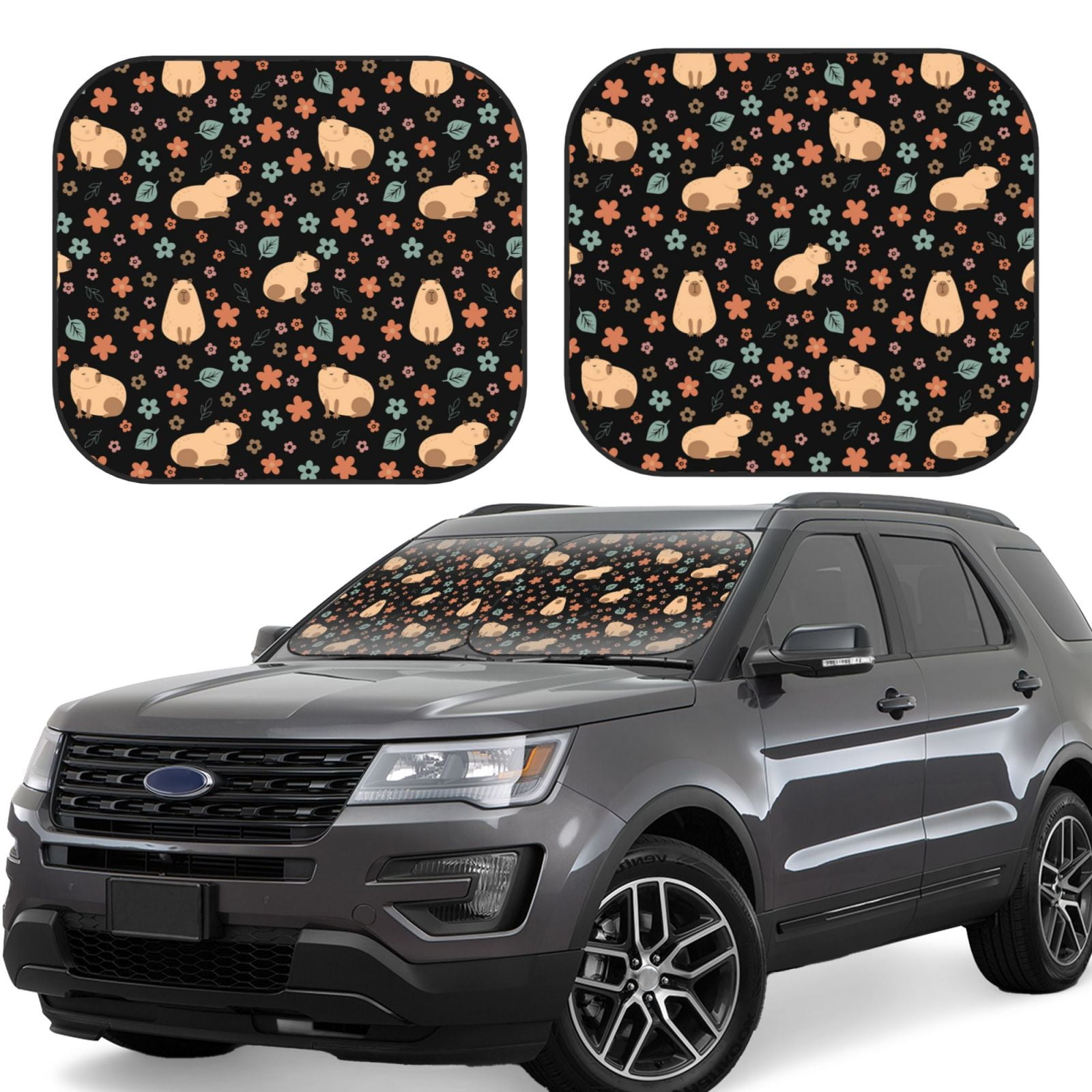 2 Piece Car Windshield Sun Shade - Capybaras Floral Foldable Front Car ...
