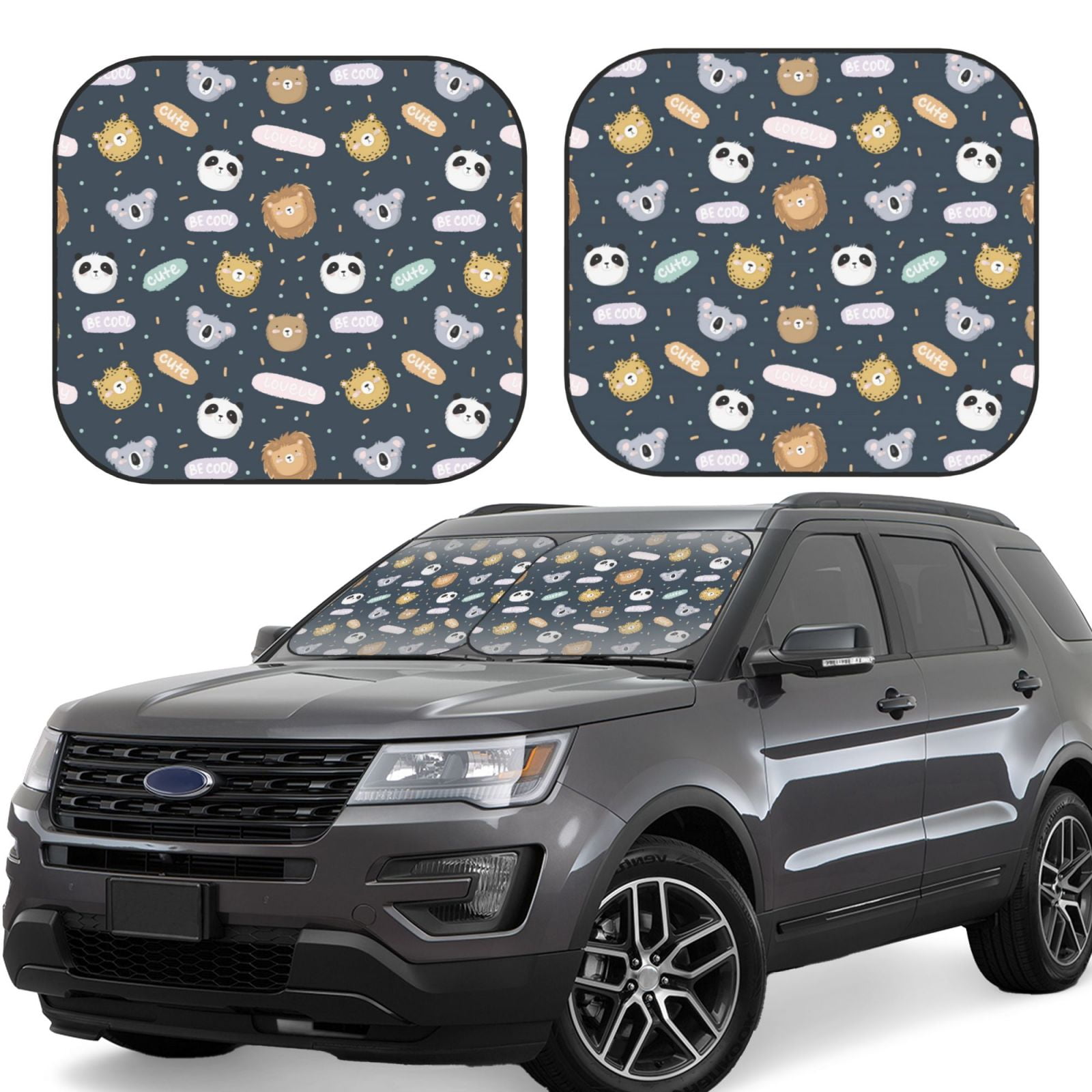 2 Piece Car Windshield Sun Shade - Cartoon Animals Foldable Front Car ...
