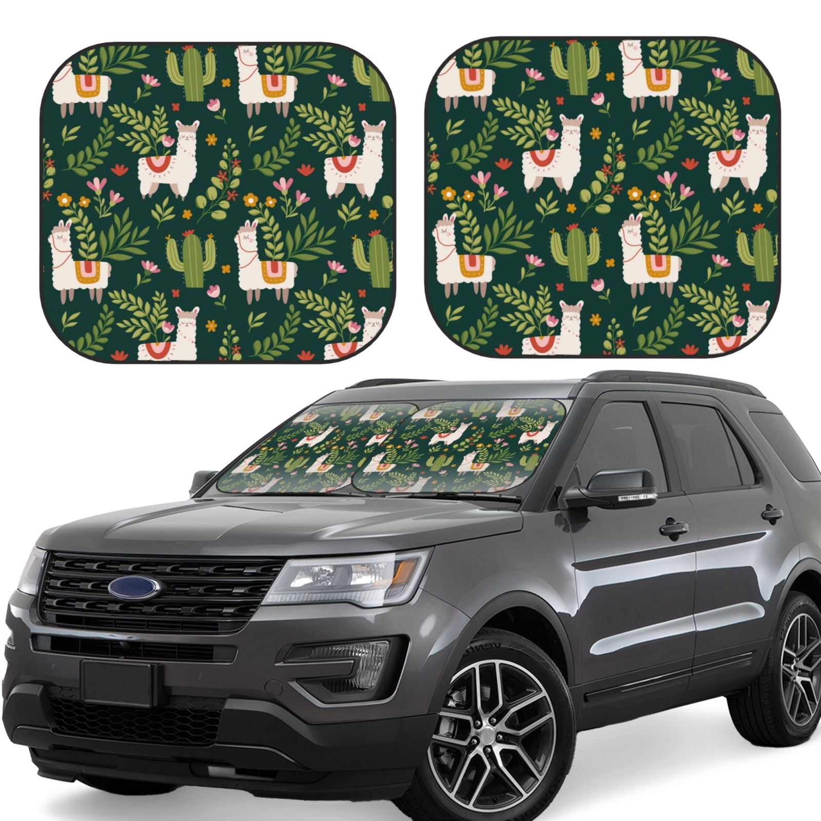 2 Piece Car Windshield Sun Shade - Cartoon Cute Alpaca Cactus Plant ...