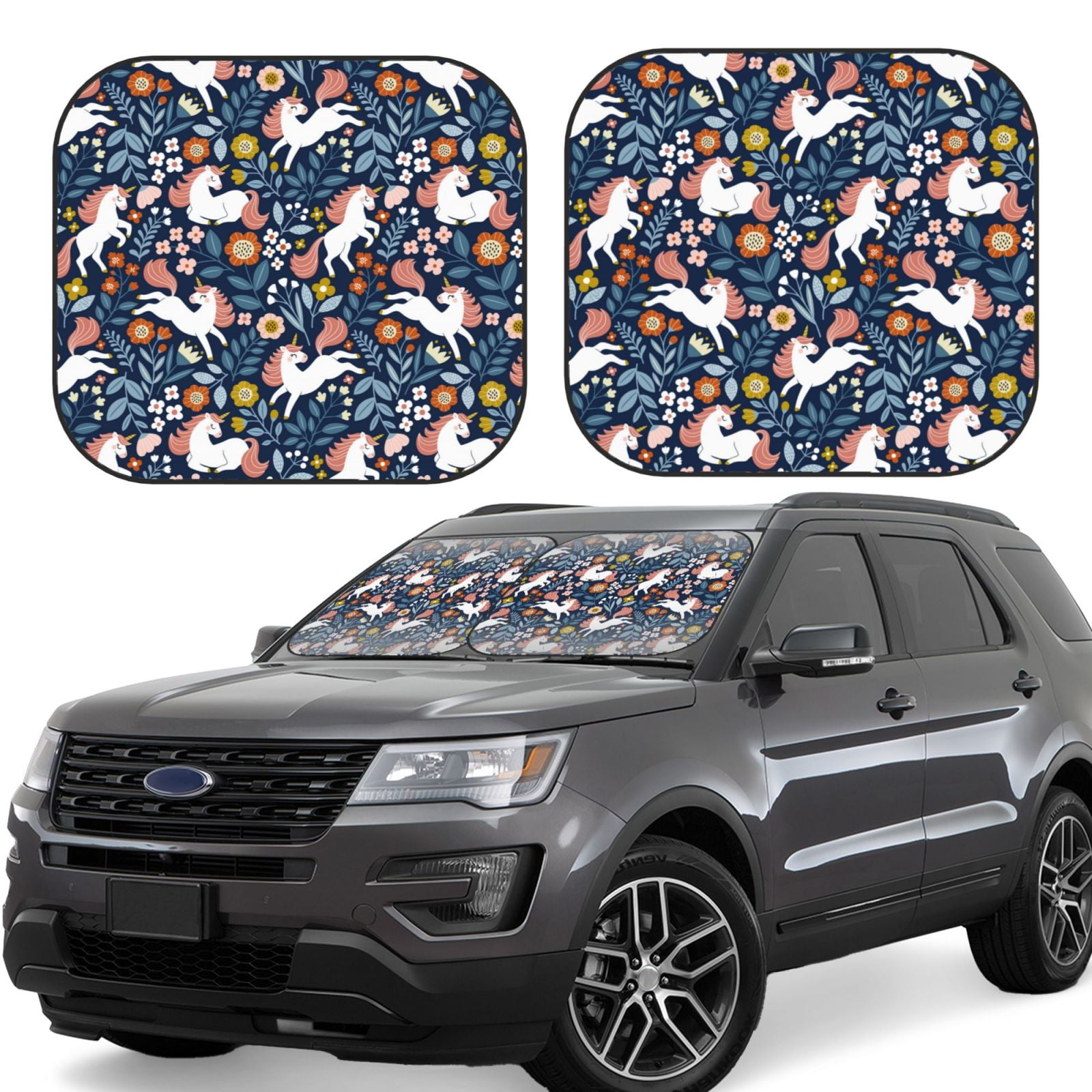 2 Piece Car Windshield Sun Shade - Cartoon Cute Horse Flower Plant_A ...