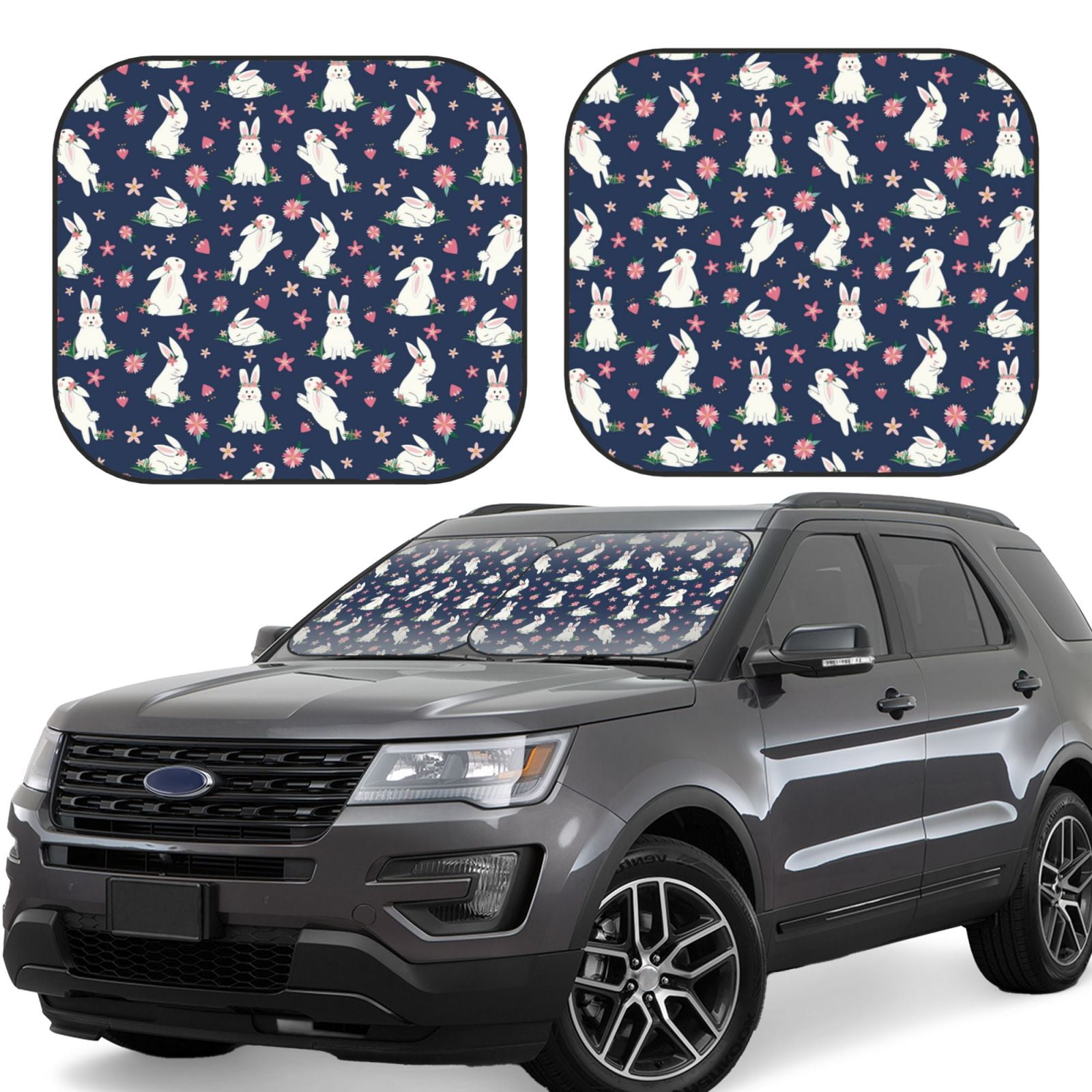 2 Piece Car Windshield Sun Shade - Cartoon Cute Rabbit Flower Foldable ...