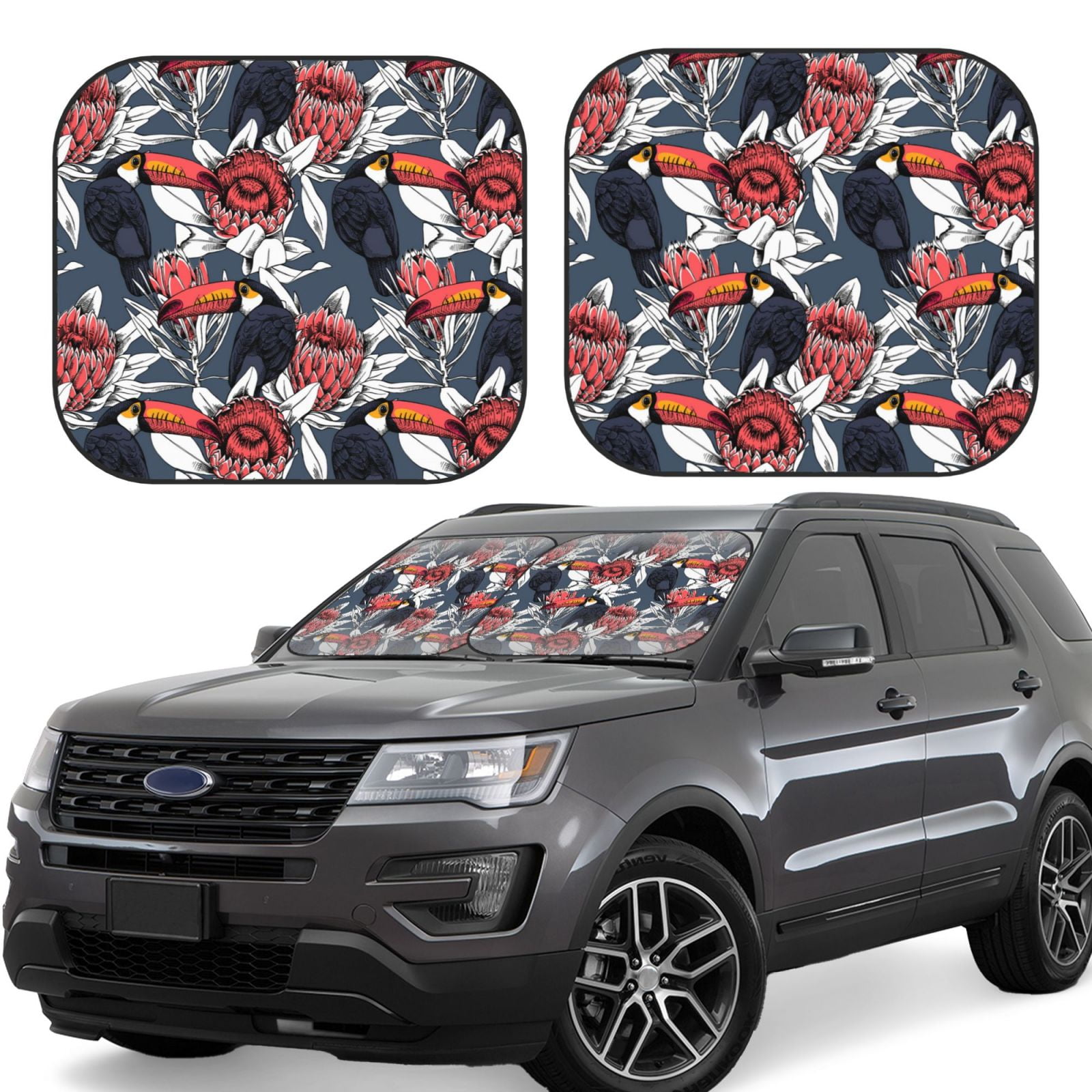 2 Piece Car Windshield Sun Shade - Cartoon Cute Toucan Bird Flower ...