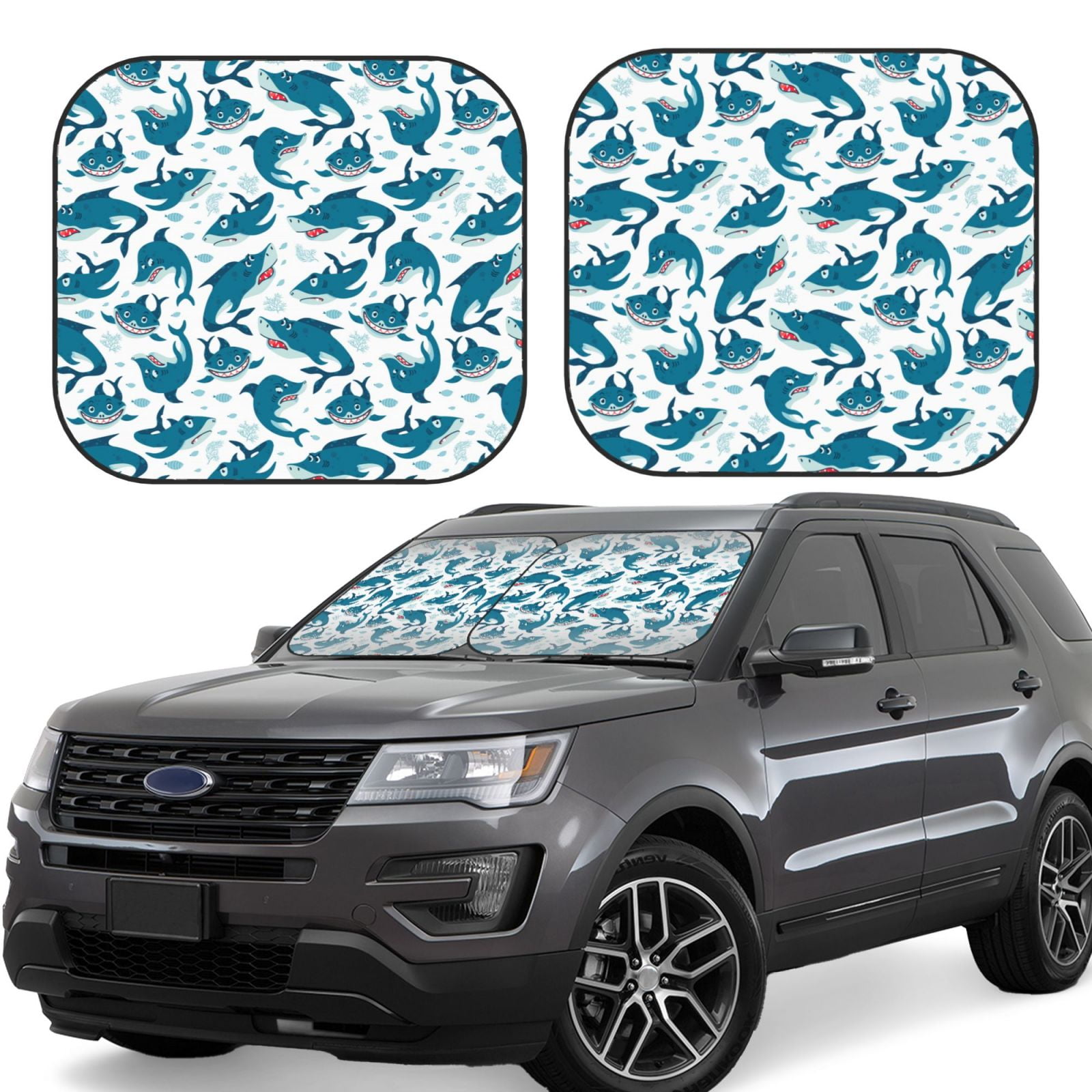 2 Piece Car Windshield Sun Shade - Cartoon Funny Cute Shark_A Foldable ...