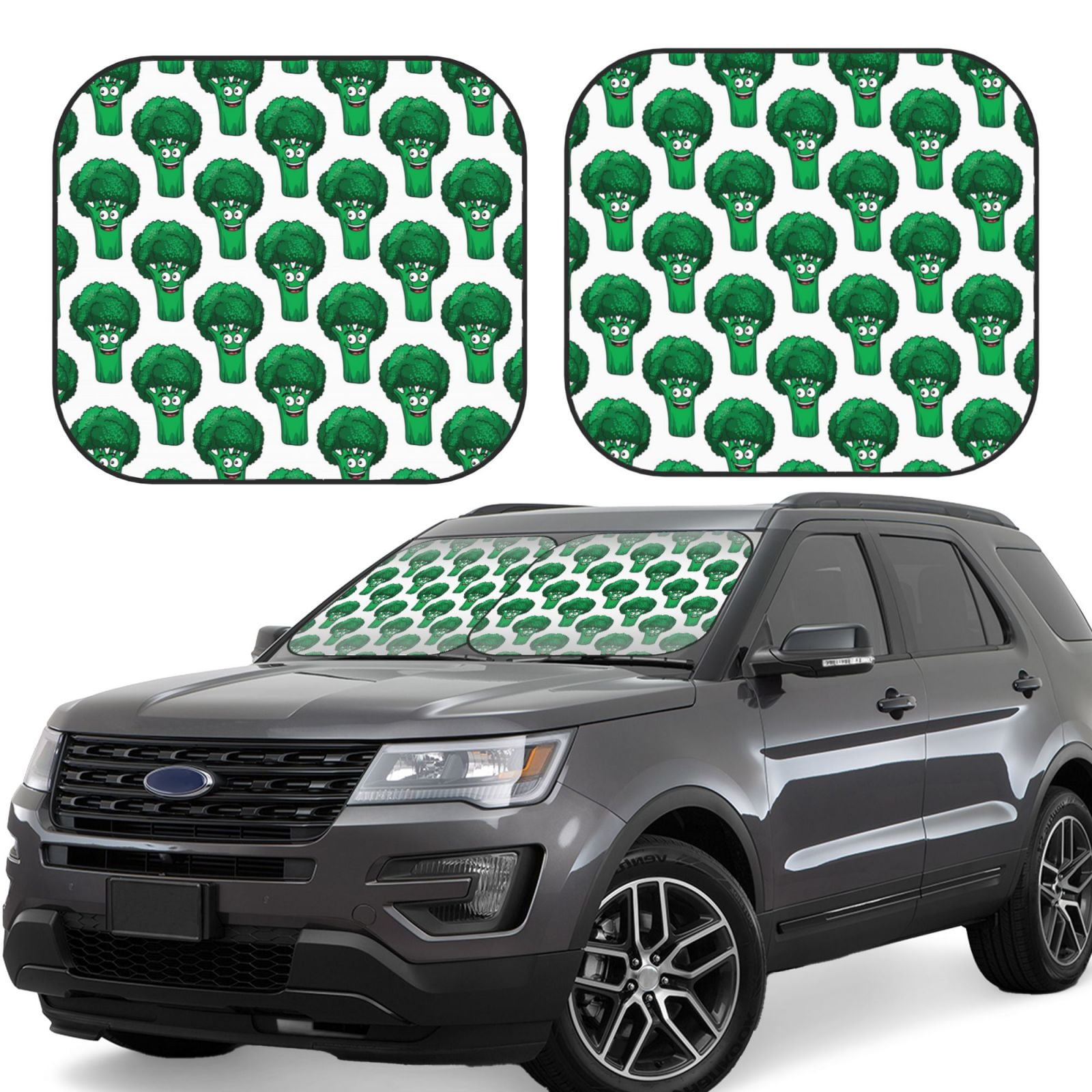 2 Piece Car Windshield Sun Shade - Cartoon smiling green broccoli cute ...