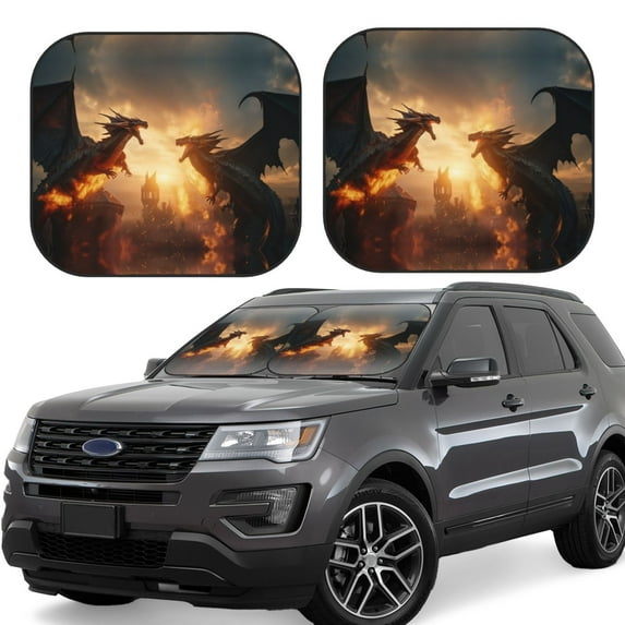 2 Piece Car Windshield Sun Shade - Castle Cool Fire Dragon Foldable ...