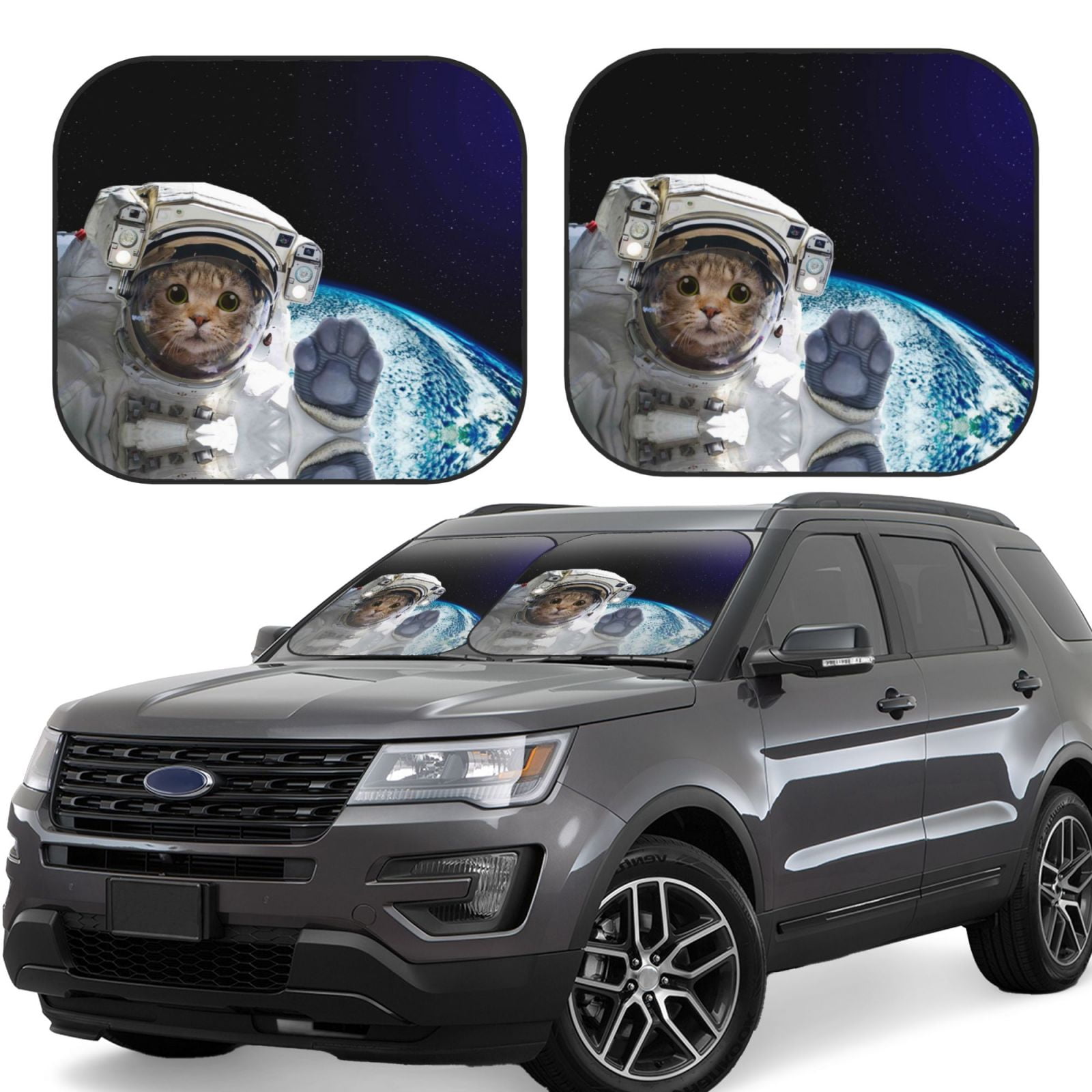 2 Piece Car Windshield Sun Shade - Cat Astronaut Foldable Front Car ...