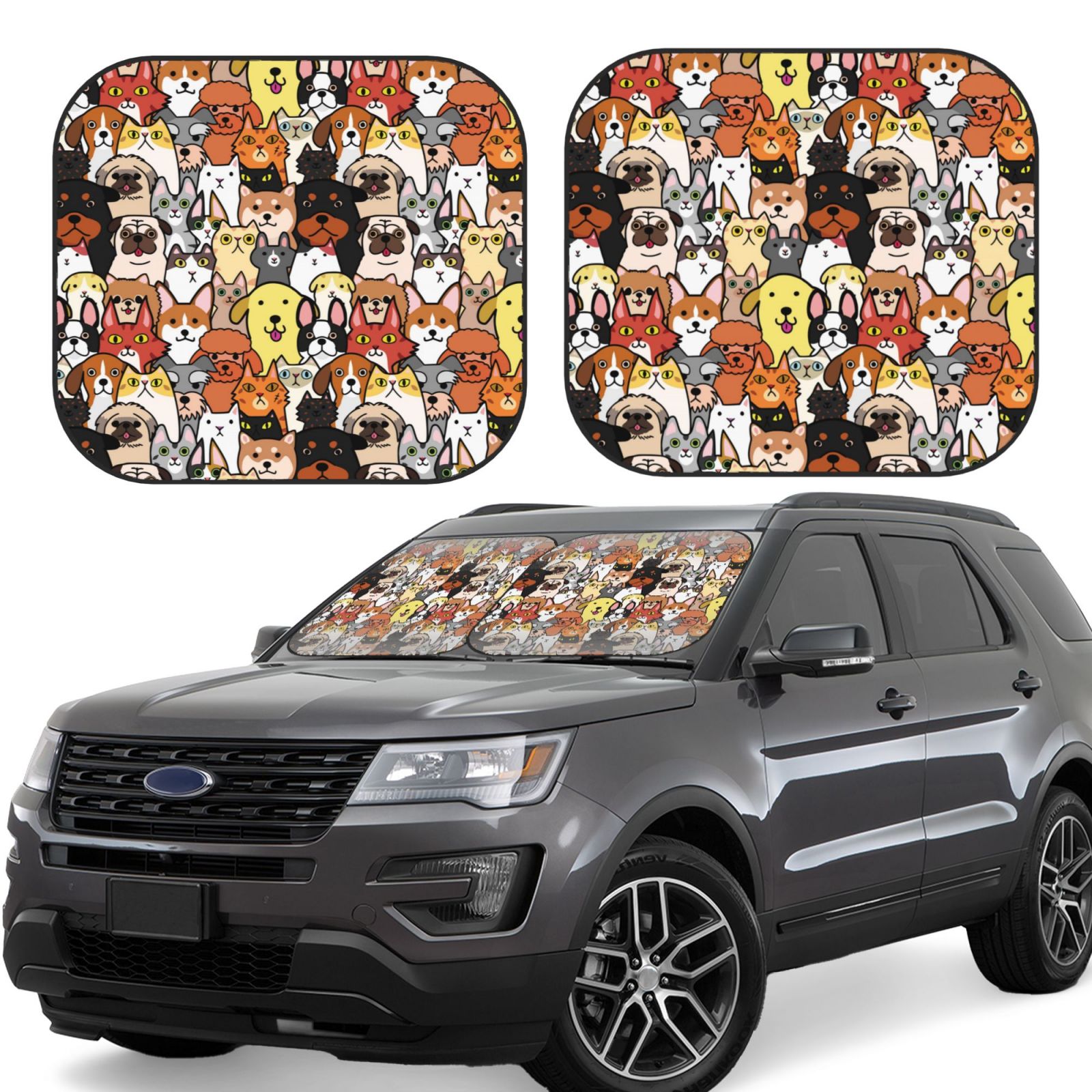 2 Piece Car Windshield Sun Shade - Cats & Dogs Group Foldable Front Car ...