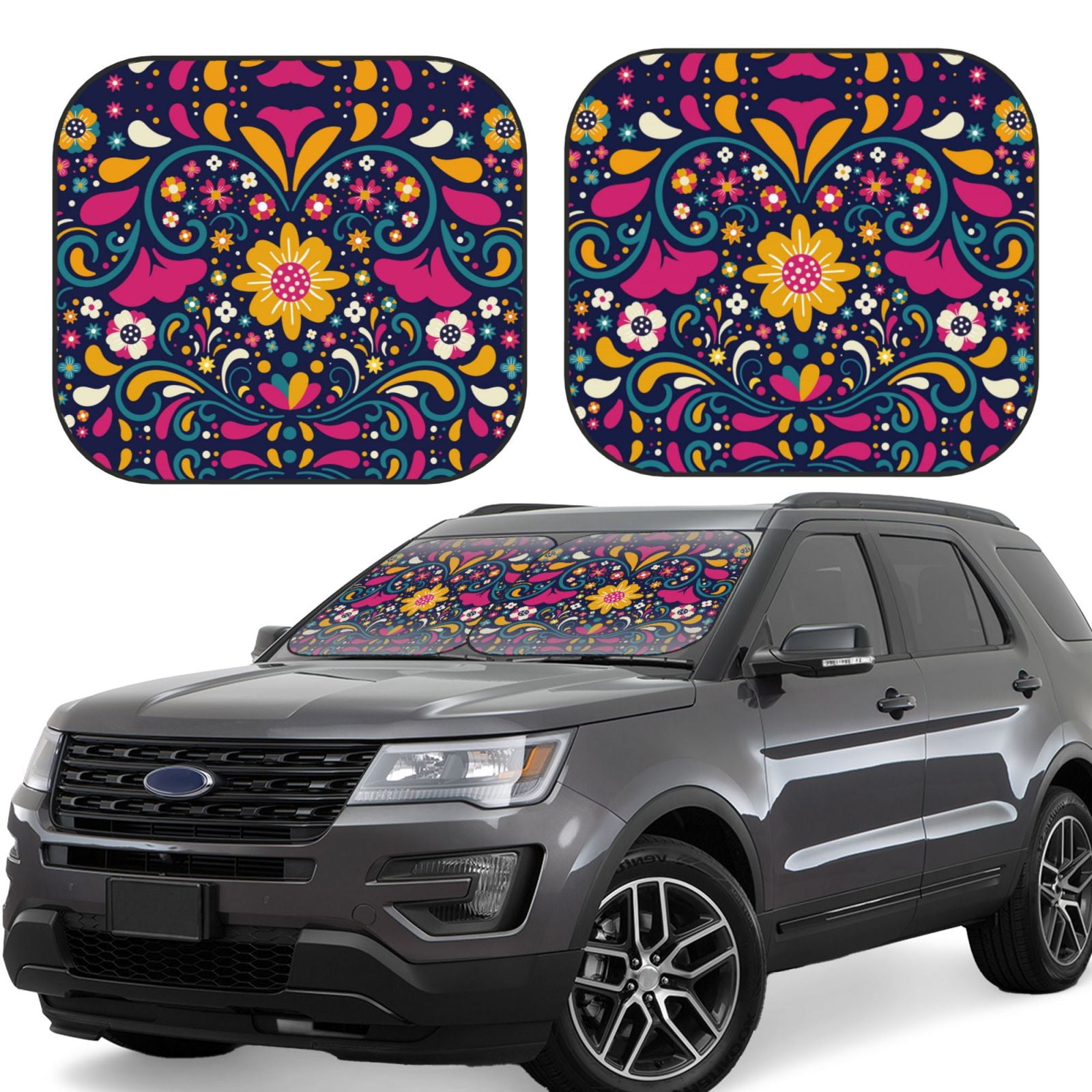 2 Piece Car Windshield Sun Shade - Cinco De Mayo Floral Foldable Front ...