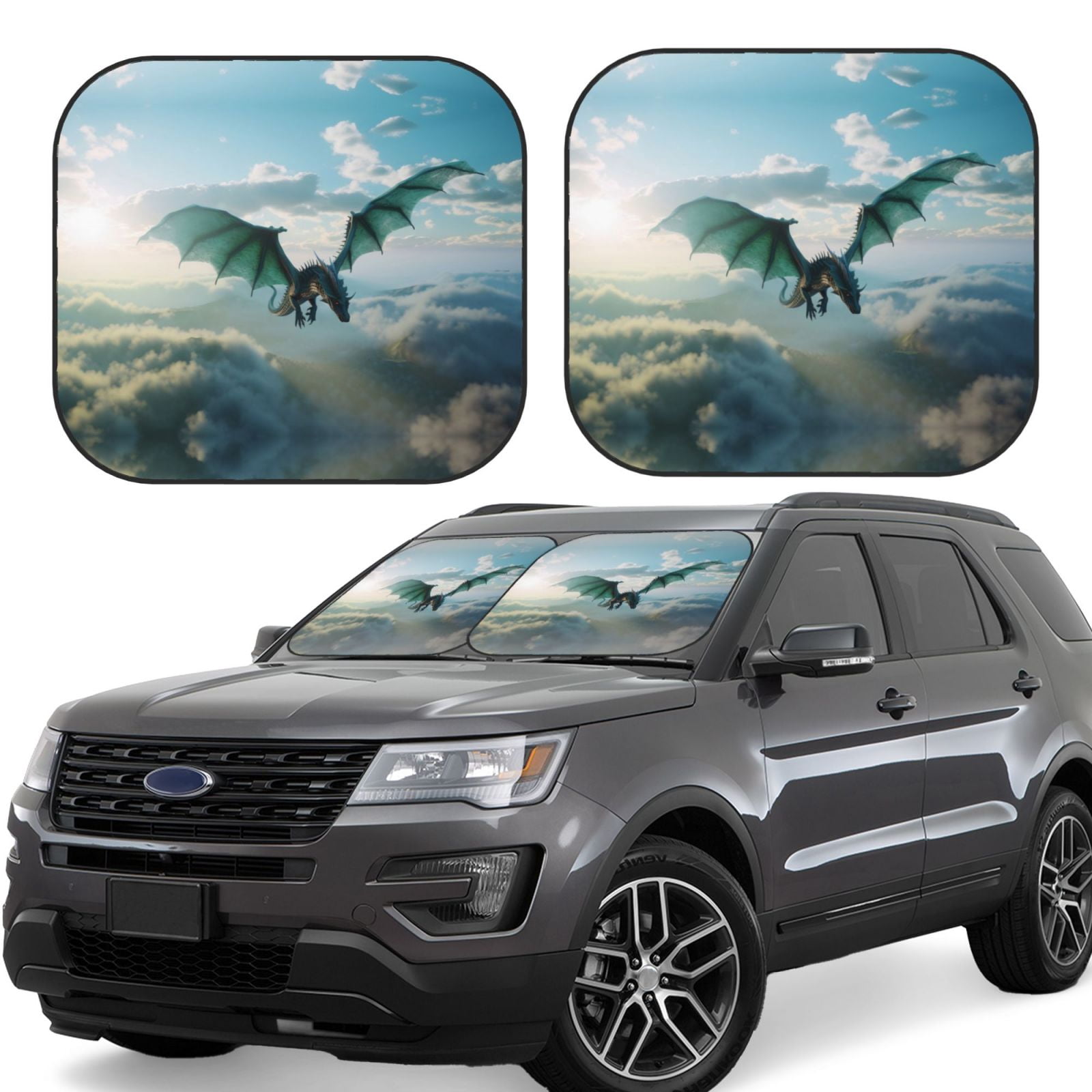 2 Piece Car Windshield Sun Shade - Cloud Sky Green Dragon Foldable ...