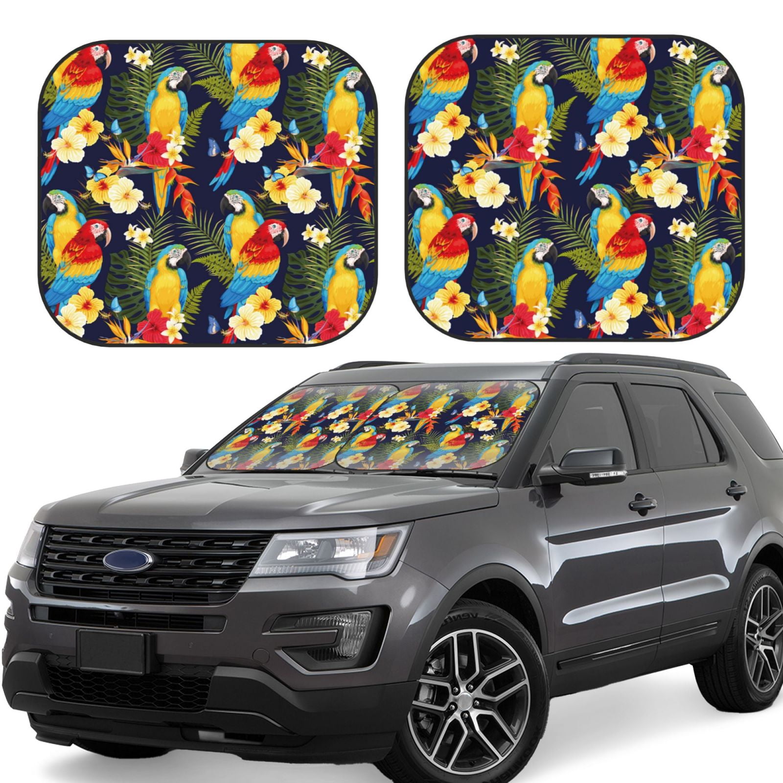 2 Piece Car Windshield Sun Shade - Colorful Macaw Parrot Plant Foldable ...