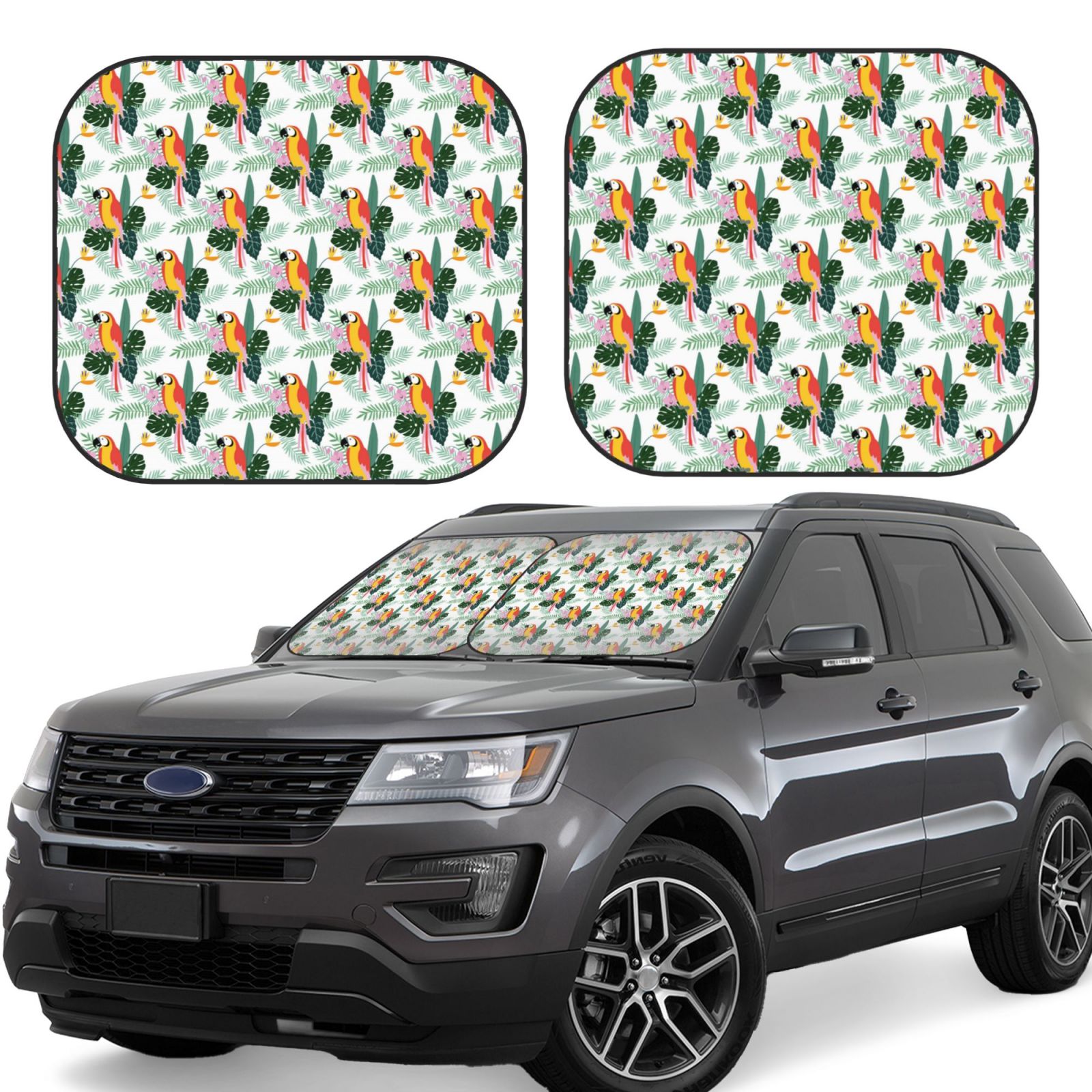 2 Piece Car Windshield Sun Shade - Colorful Parrot Flower Palm Leaf ...