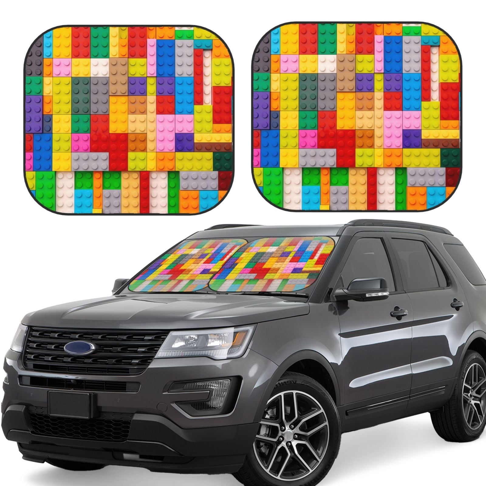 2 Piece Car Windshield Sun Shade - Colorful Plastic Blocks Pattern ...