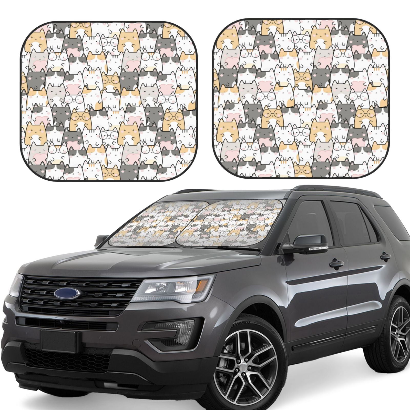 2 Piece Car Windshield Sun Shade - Comic Style Color Line Cartoon Cat ...