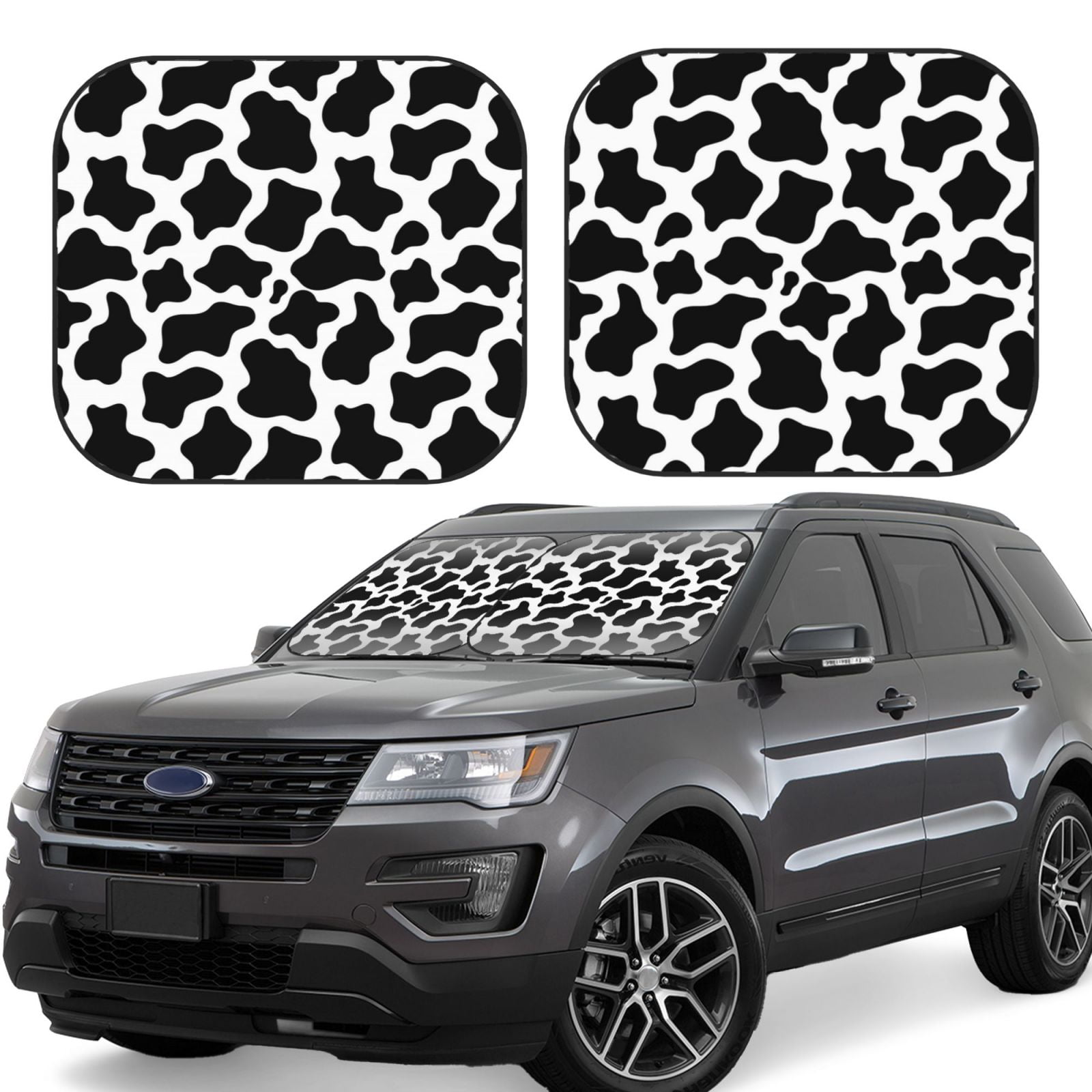 2 Piece Car Windshield Sun Shade - Cow Print Black White Foldable Front ...