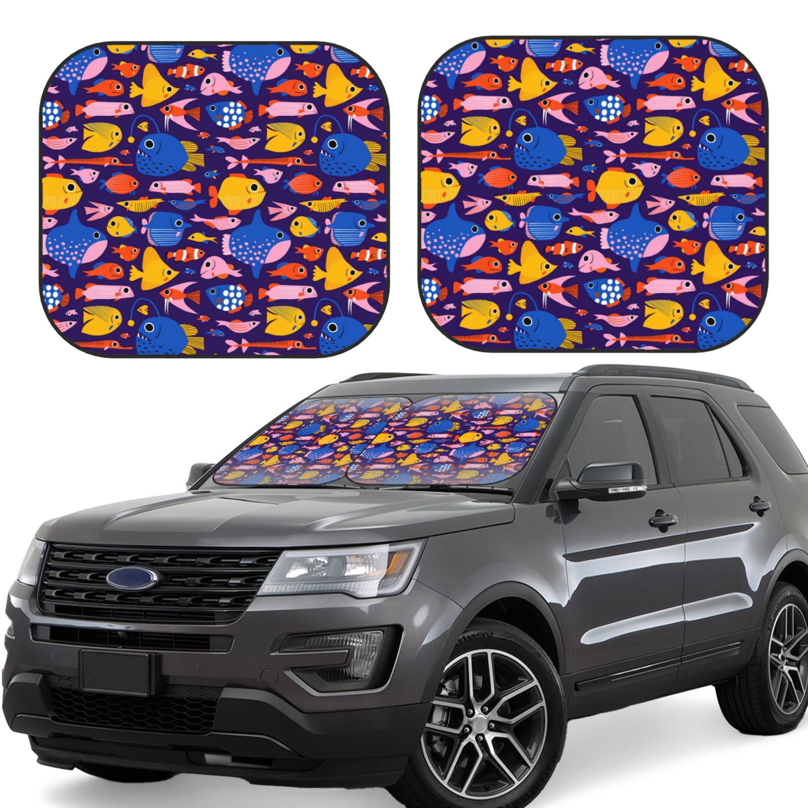 2 Piece Car Windshield Sun Shade - Cute Flat Hand Drawn Fishes Foldable ...