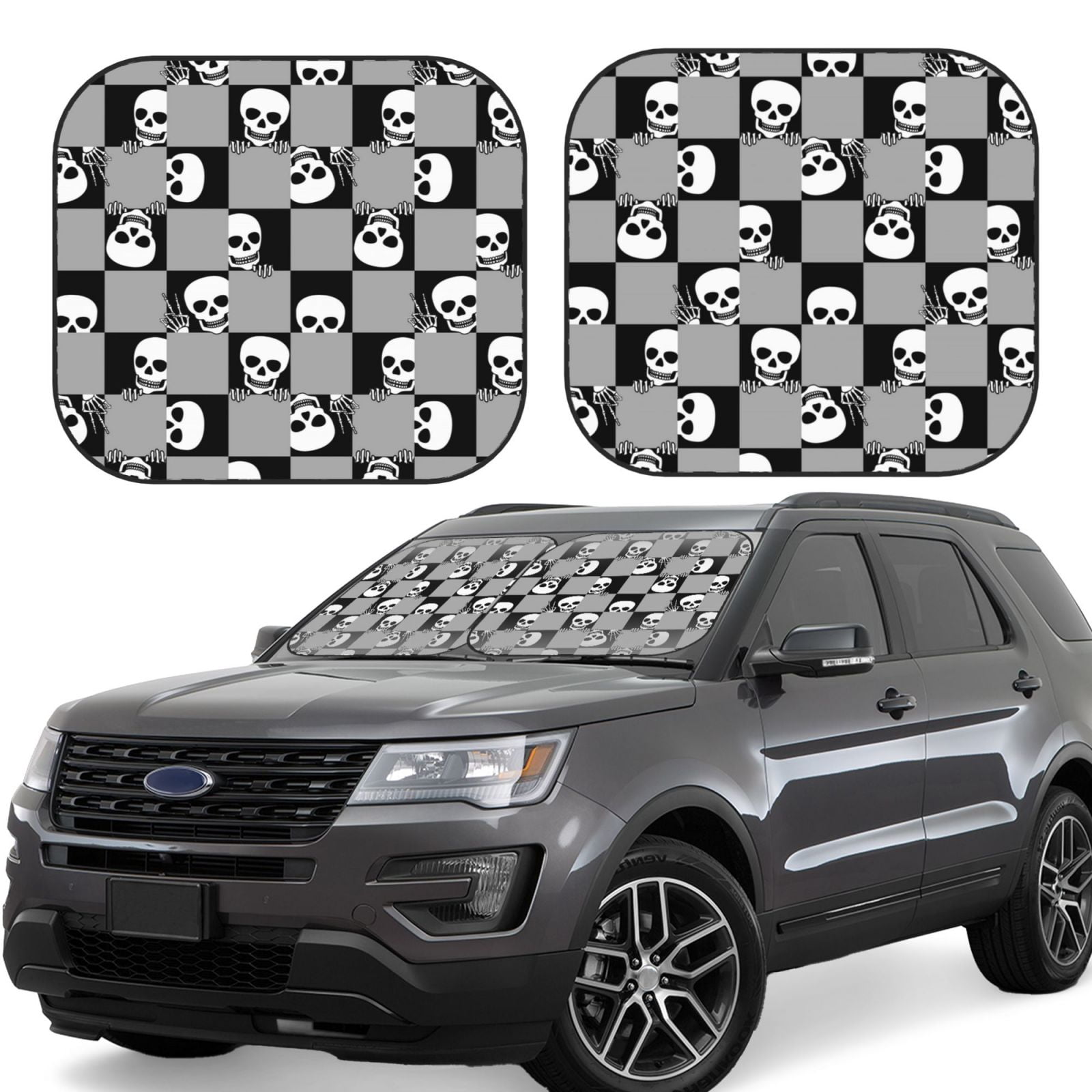 2 Piece Car Windshield Sun Shade - Cute Skull Plaid Foldable Front Car ...