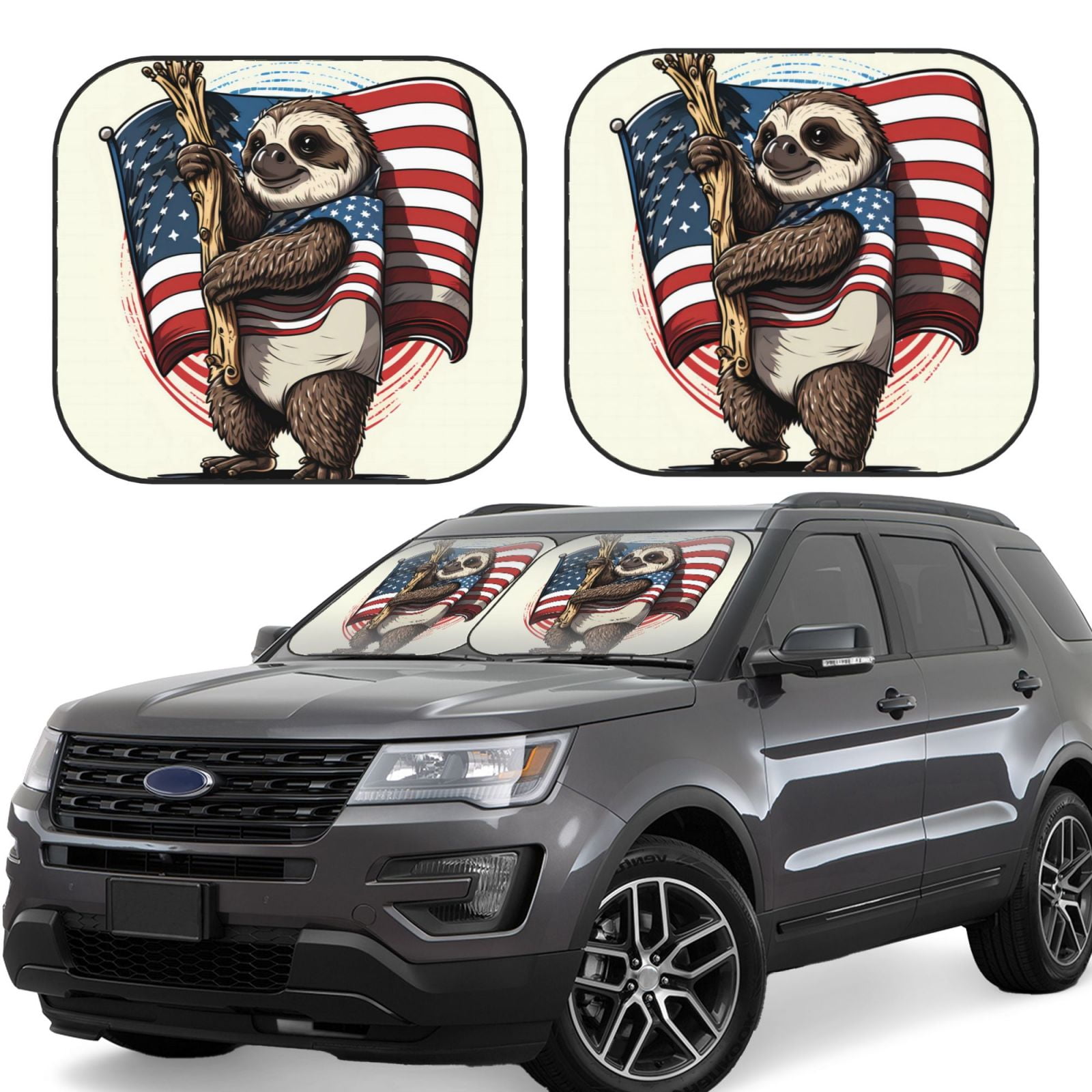2 Piece Car Windshield Sun Shade - Cute Sloth American Flag Foldable ...