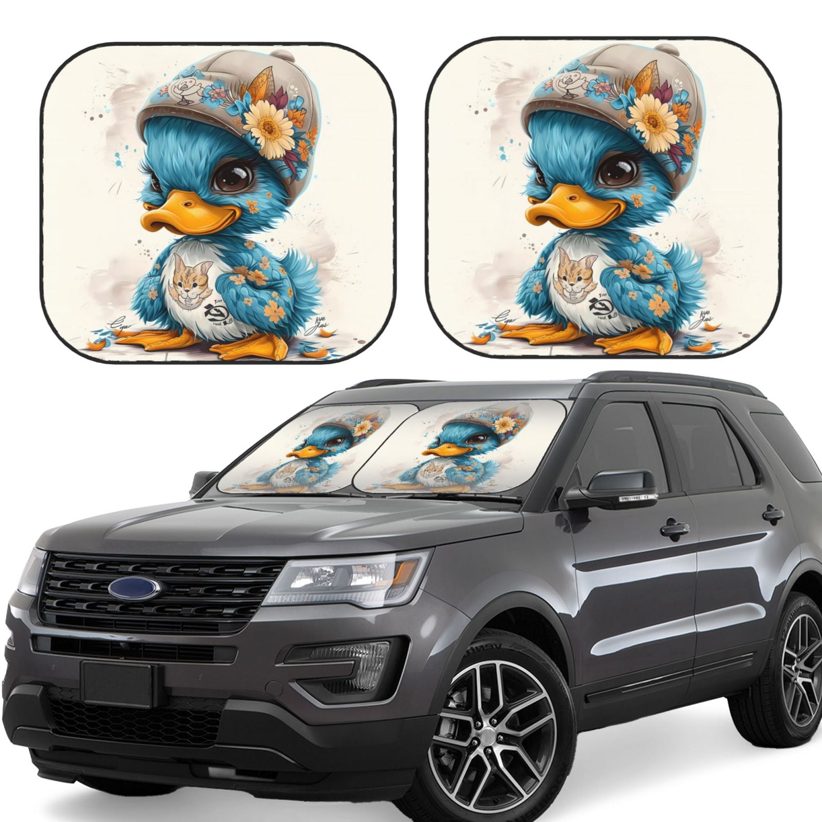 2 Piece Car Windshield Sun Shade - Cute Sunflower Blue Duck Foldable ...