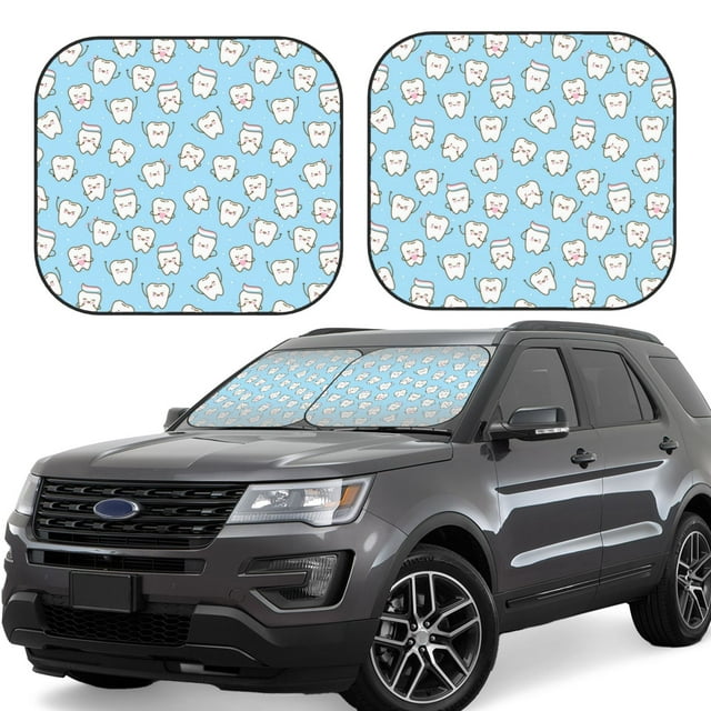2 Piece Car Windshield Sun Shade - Cute Teeth Foldable Front Car Window ...