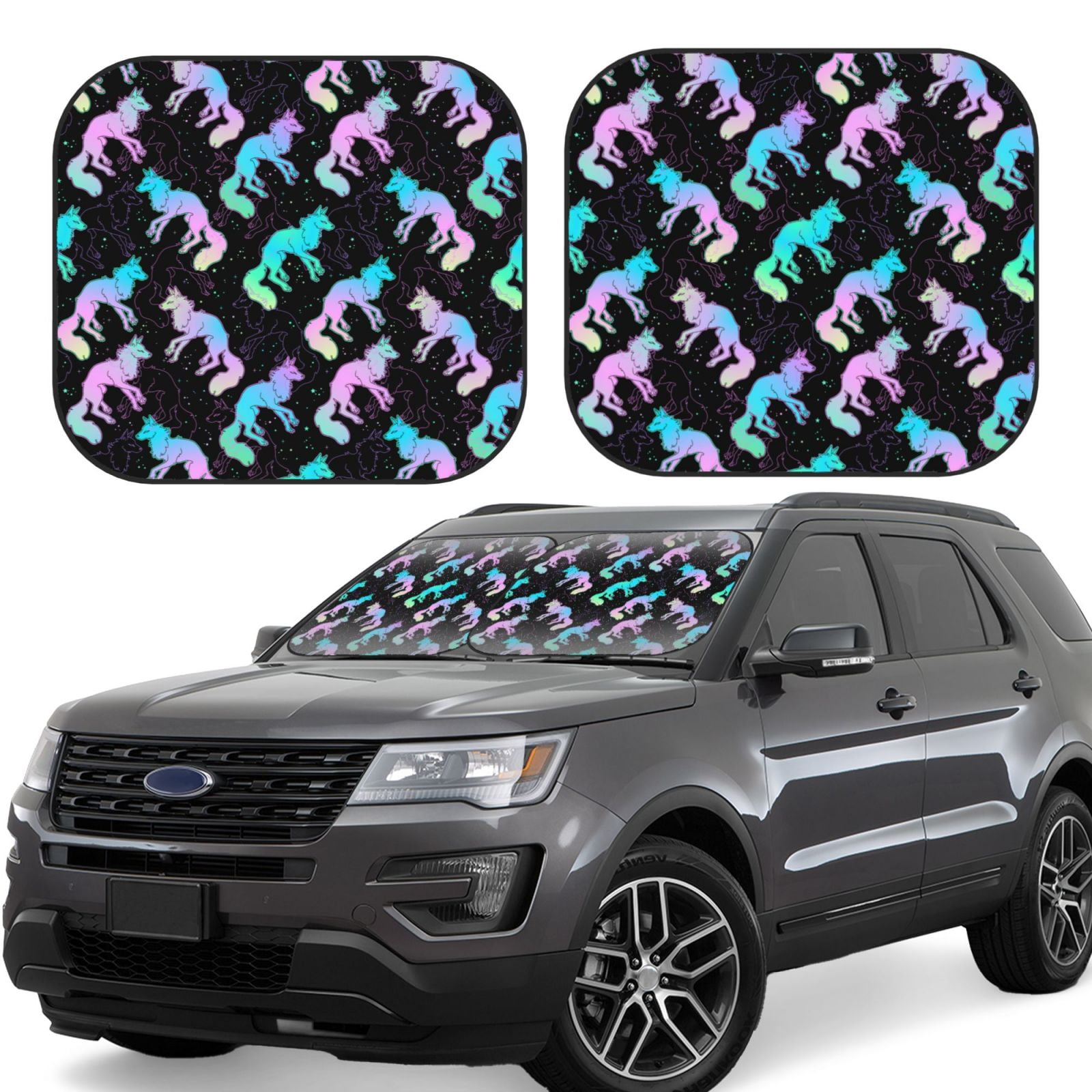 2 Piece Car Windshield Sun Shade - Dazzling Color Fox Foldable Front ...