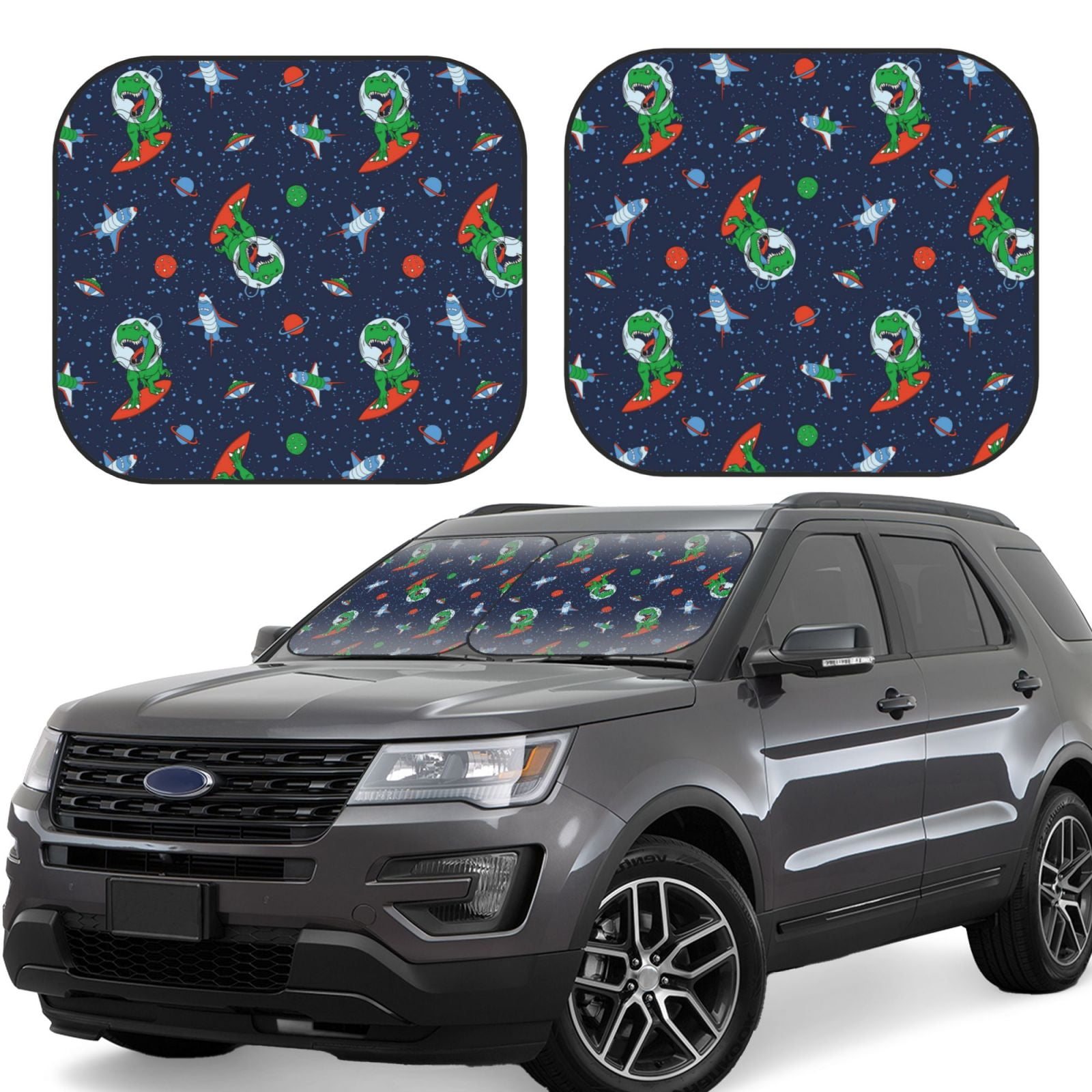 2 Piece Car Windshield Sun Shade - Dinosaur Astronaut Space -E Foldable ...