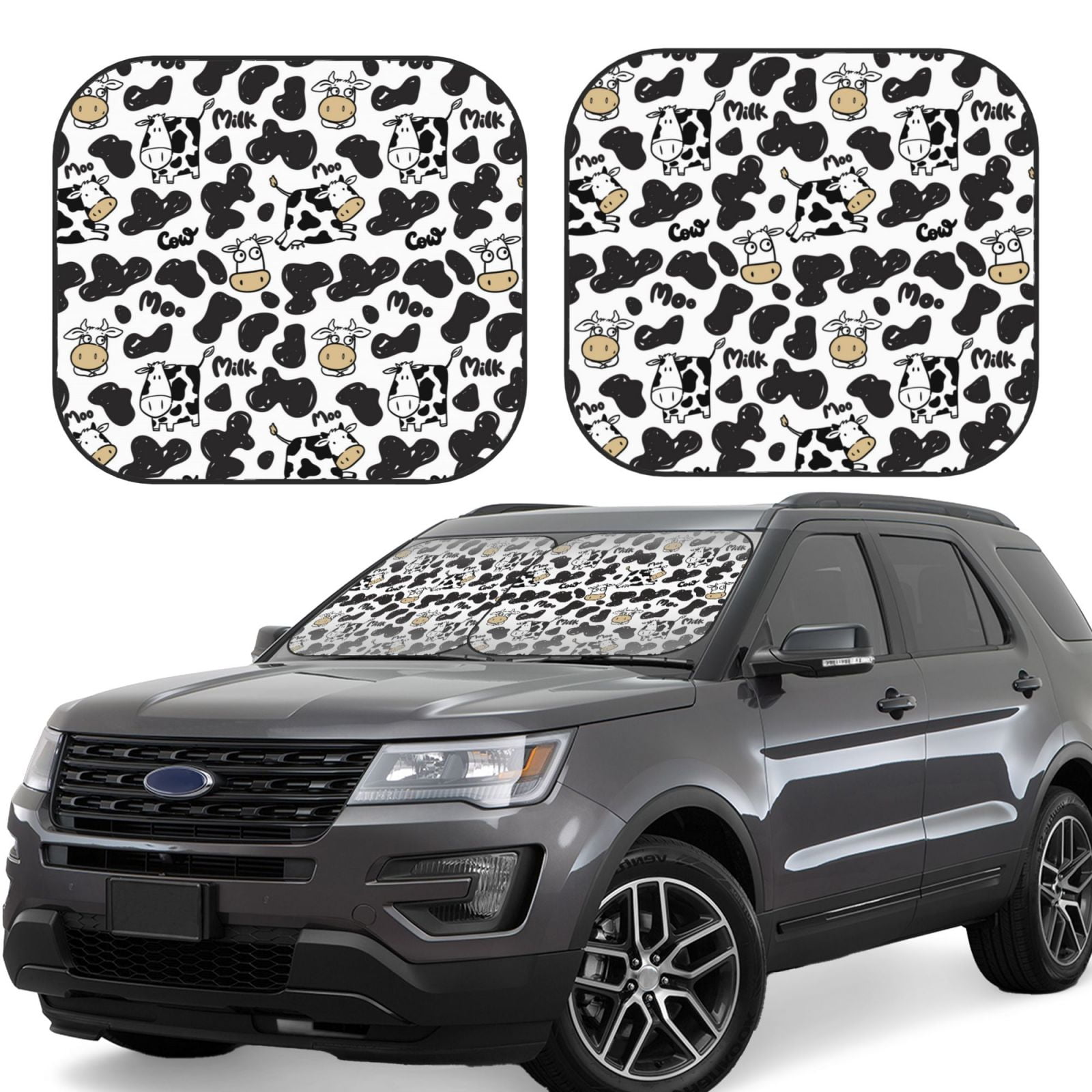 2 Piece Car Windshield Sun Shade - Edgy Cartoon Cute Cow Black White ...