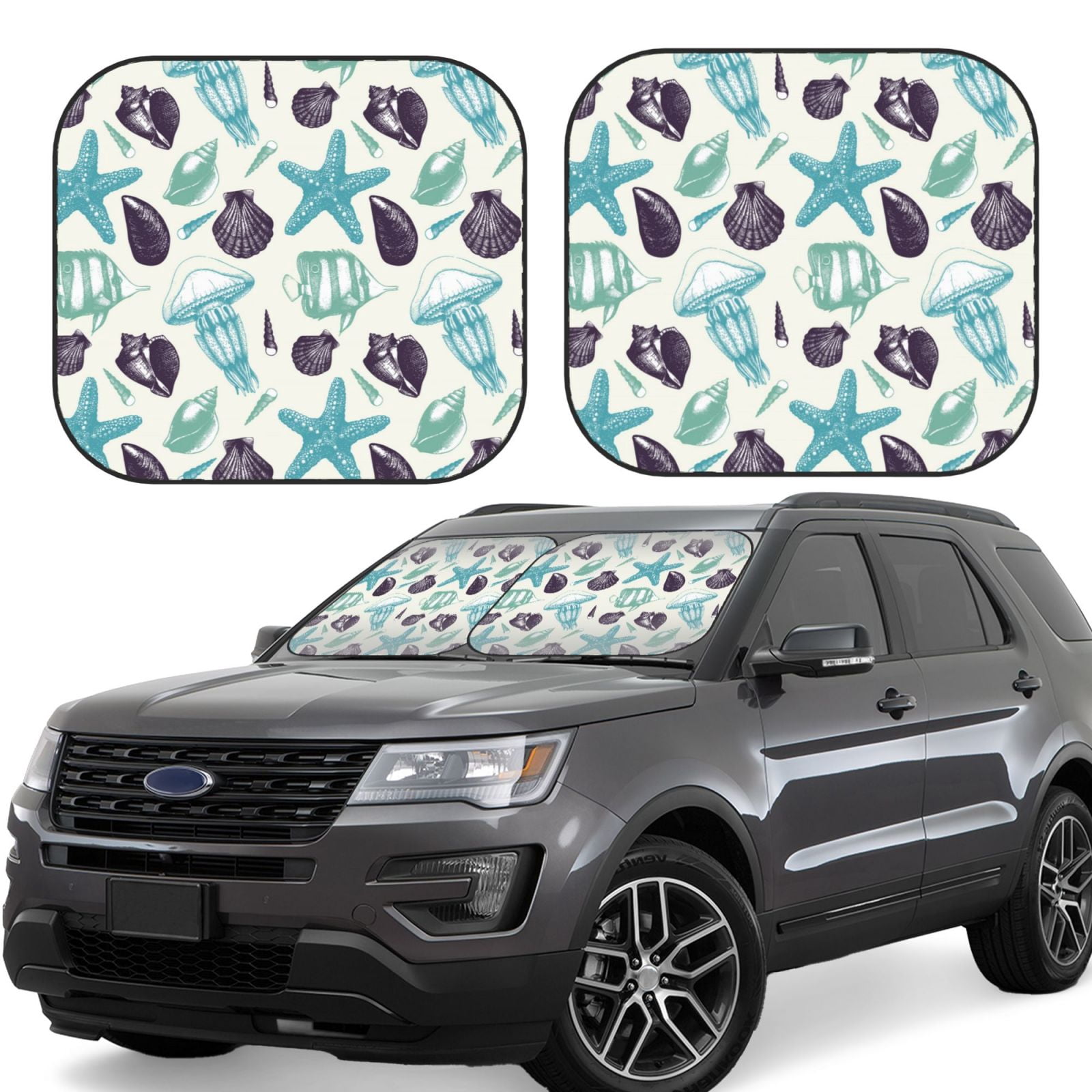 2 Piece Car Windshield Sun Shade - Fish Conch Jellyfish Foldable Front ...
