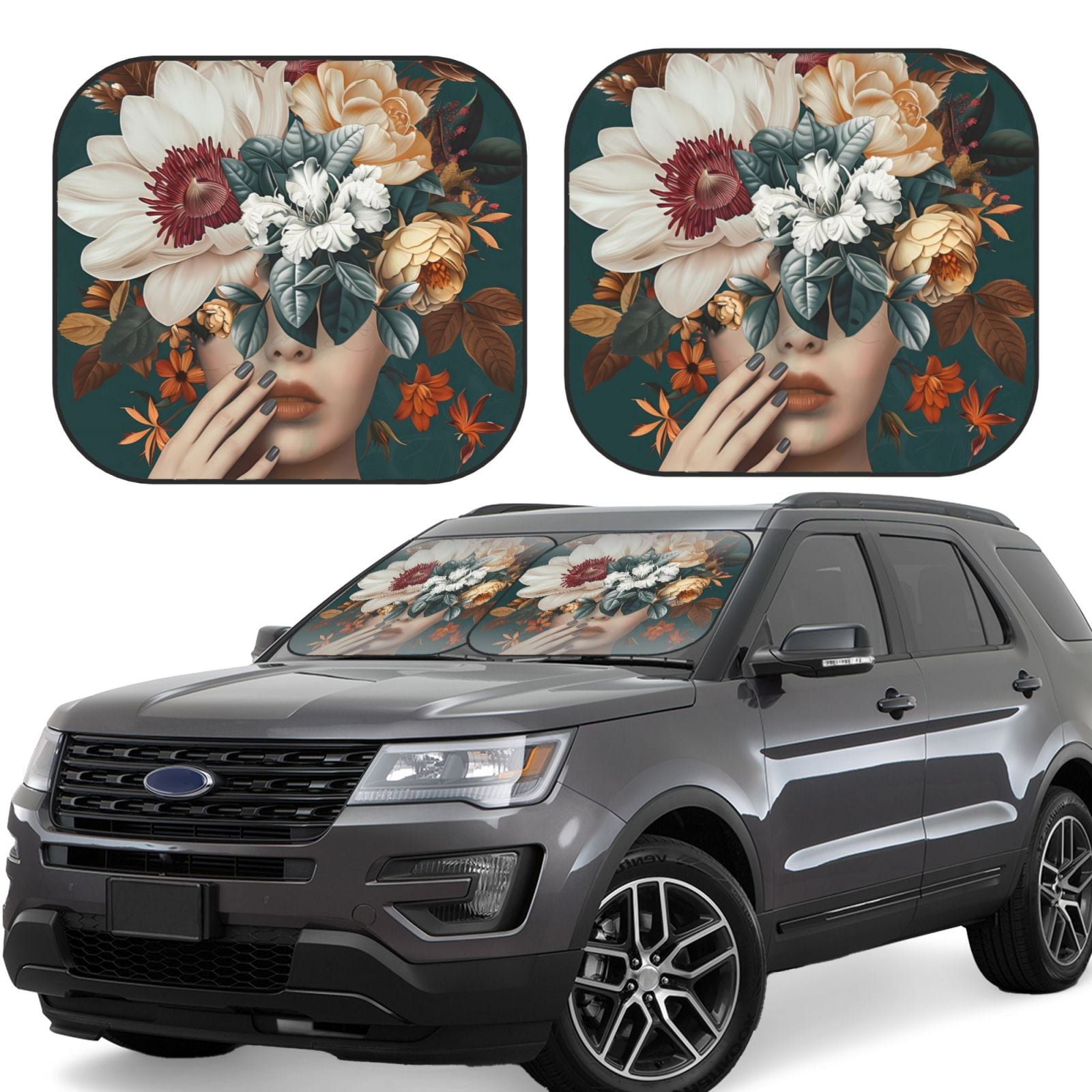 2 Piece Car Windshield Sun Shade - Floral Head Dreamscape Foldable ...