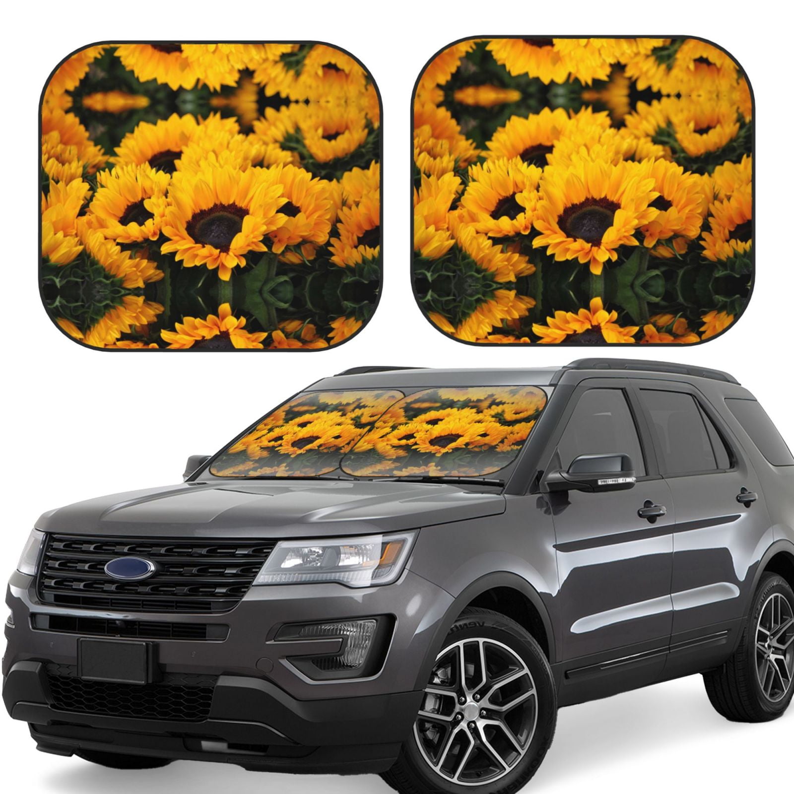 2 Piece Car Windshield Sun Shade - Flower Bush Sunflower Foldable Front ...