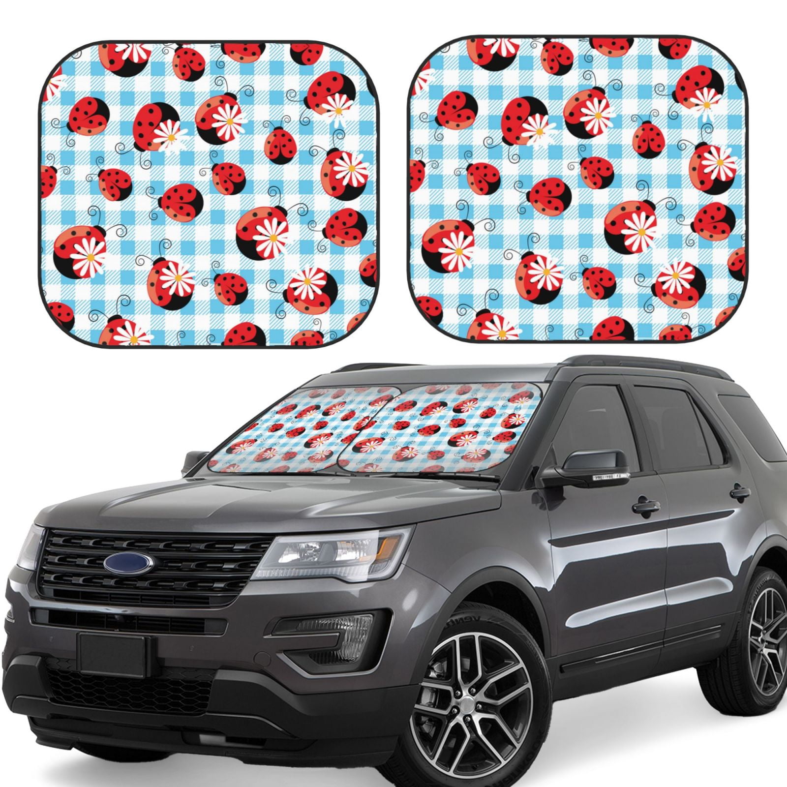 2 Piece Car Windshield Sun Shade - Flowers And Lady Bugs Foldable Front ...