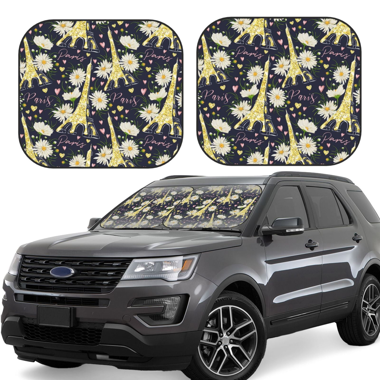 2 Piece Car Windshield Sun Shade - Glod Eiffel Tower Daisy Foldable ...