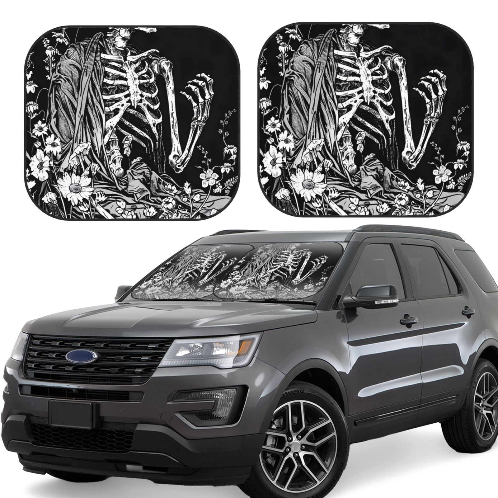 2 Piece Car Windshield Sun Shade - Gothic Skull Floral Art Foldable ...