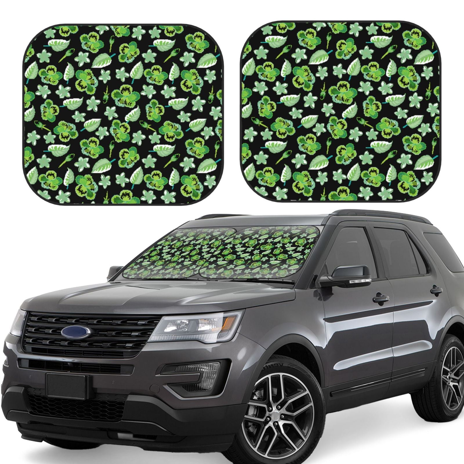 2 Piece Car Windshield Sun Shade - Green Leaves Flowers Foldable Front ...