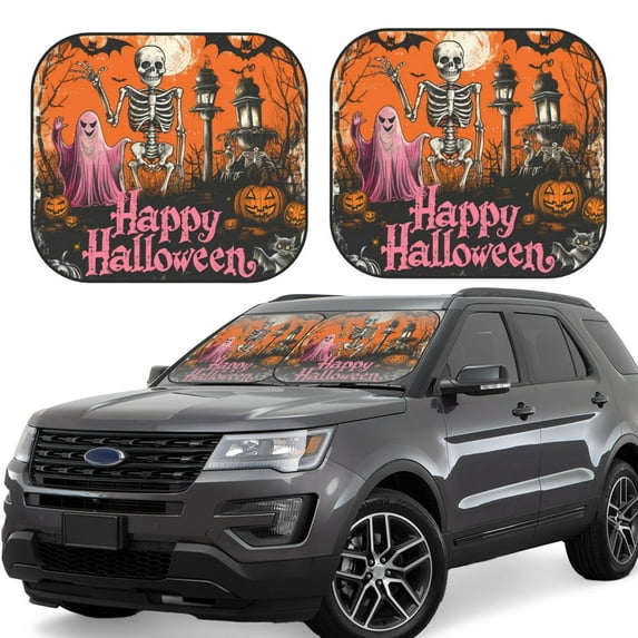 2 Piece Car Windshield Sun Shade - Halloween Happy Skull Pink Ghost ...