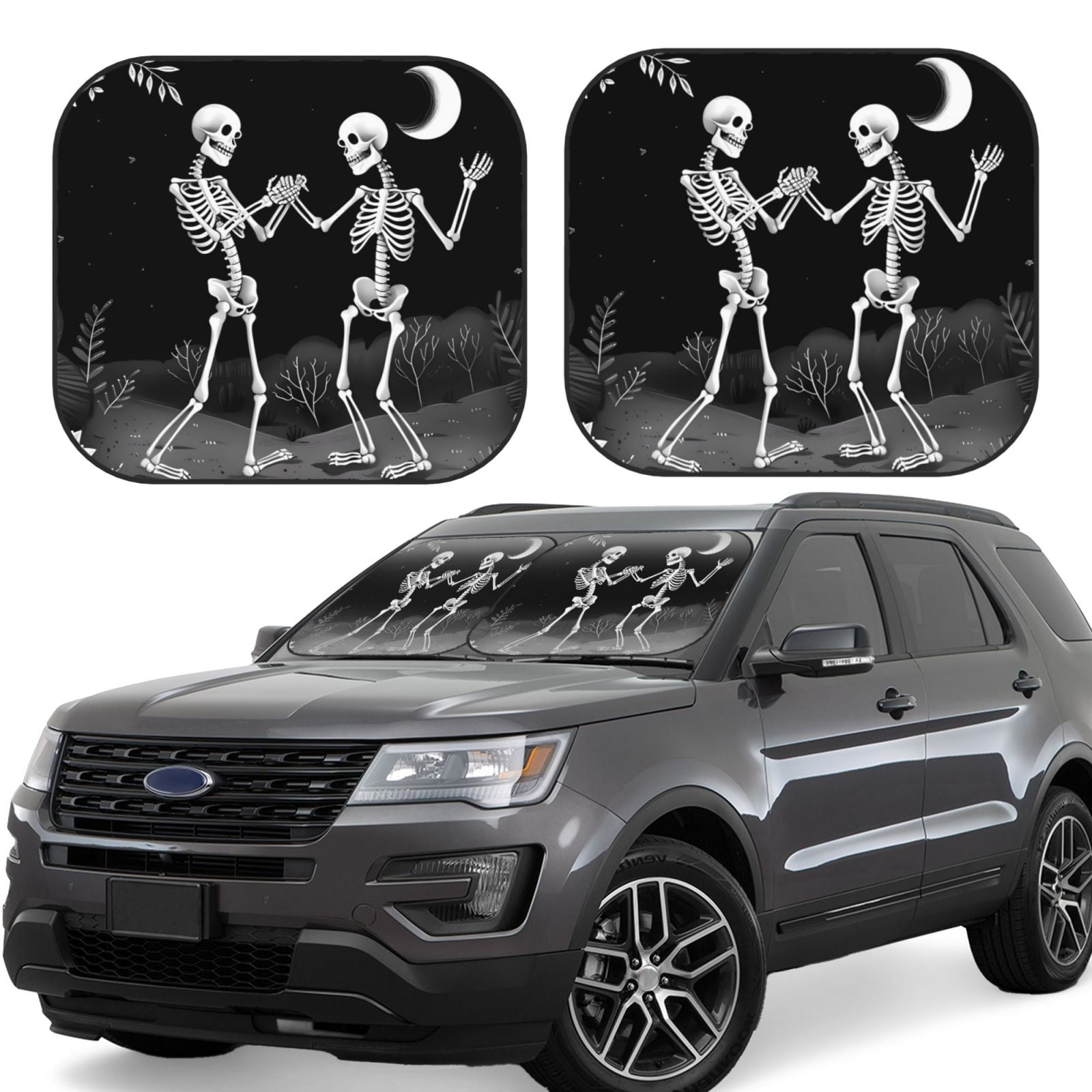 2 Piece Car Windshield Sun Shade - Halloween Night Dancing Skeleton ...
