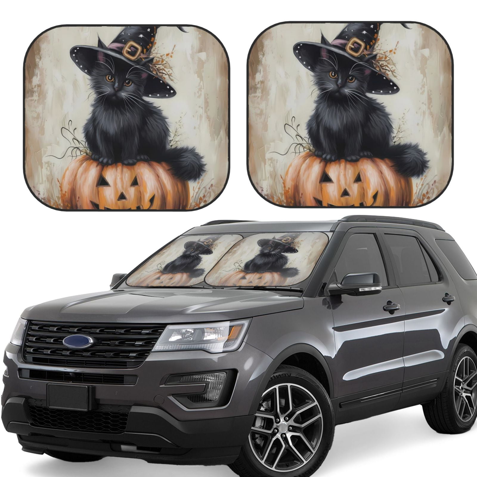 2 Piece Car Windshield Sun Shade - Halloween Witch Hat Black Cat ...