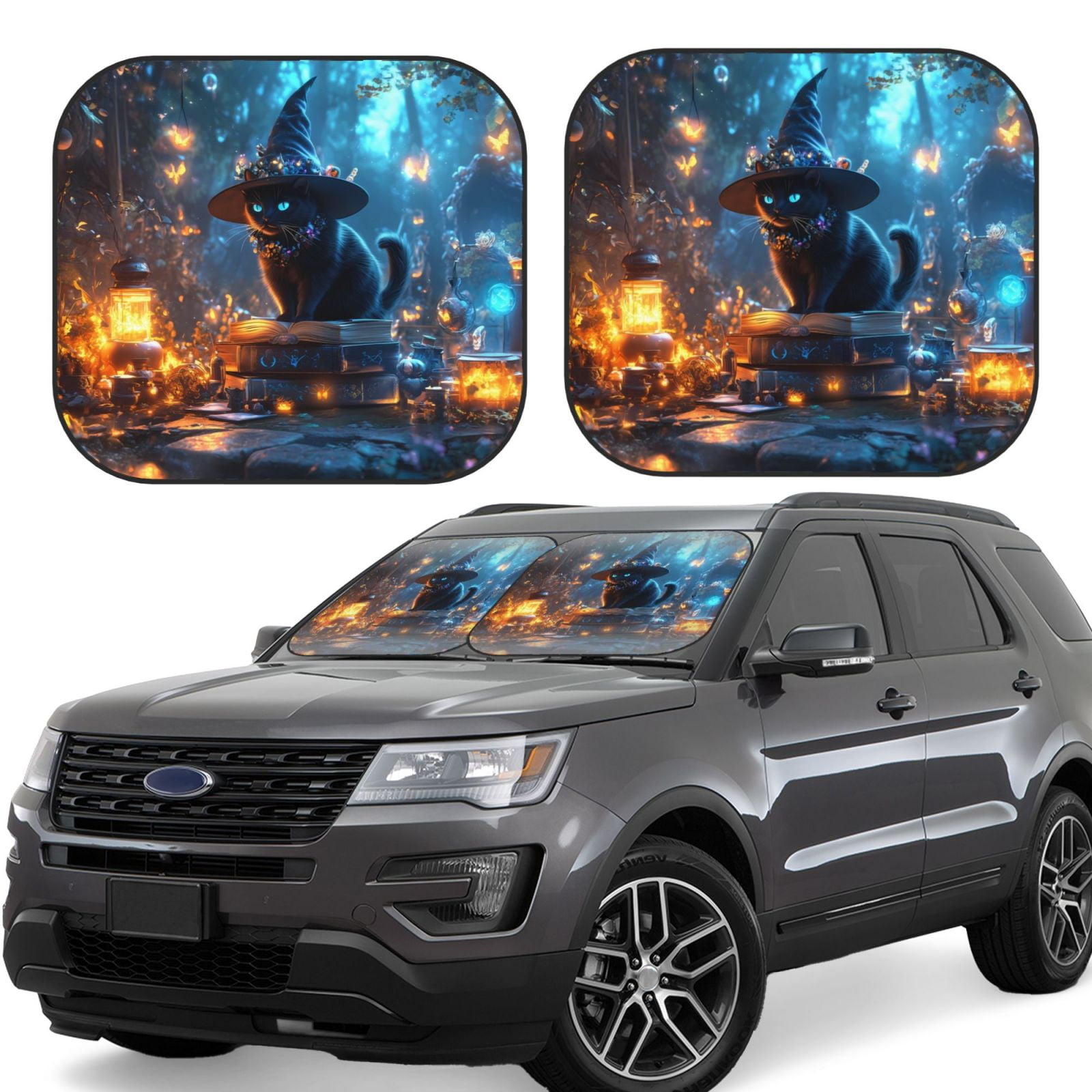 2 Piece Car Windshield Sun Shade - Halloween Witch Hat Cat (2) Foldable ...