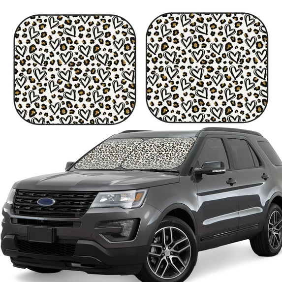 2 Piece Car Windshield Sun Shade - Heart Leopard Print Foldable Front ...