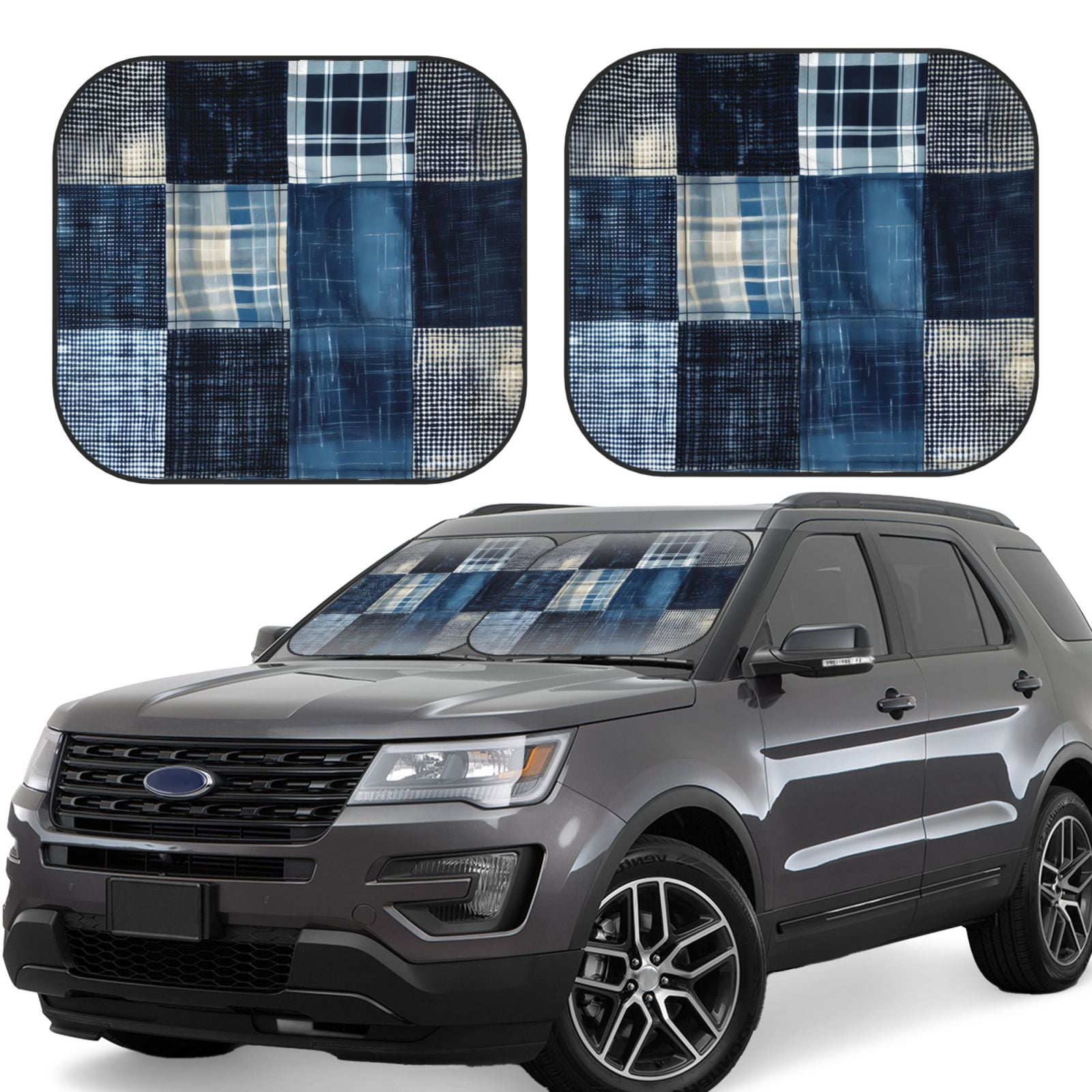 2 Piece Car Windshield Sun Shade - Indigo Patchwork Quilt Foldable ...