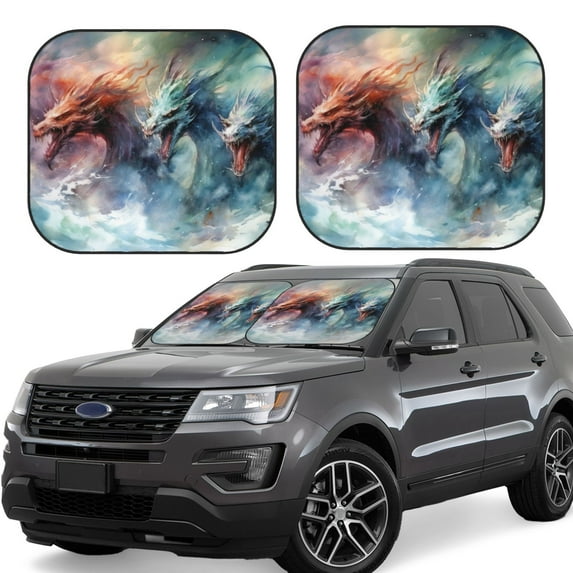 2 Piece Car Windshield Sun Shade - Ink Style Wave Dragon Foldable Front ...