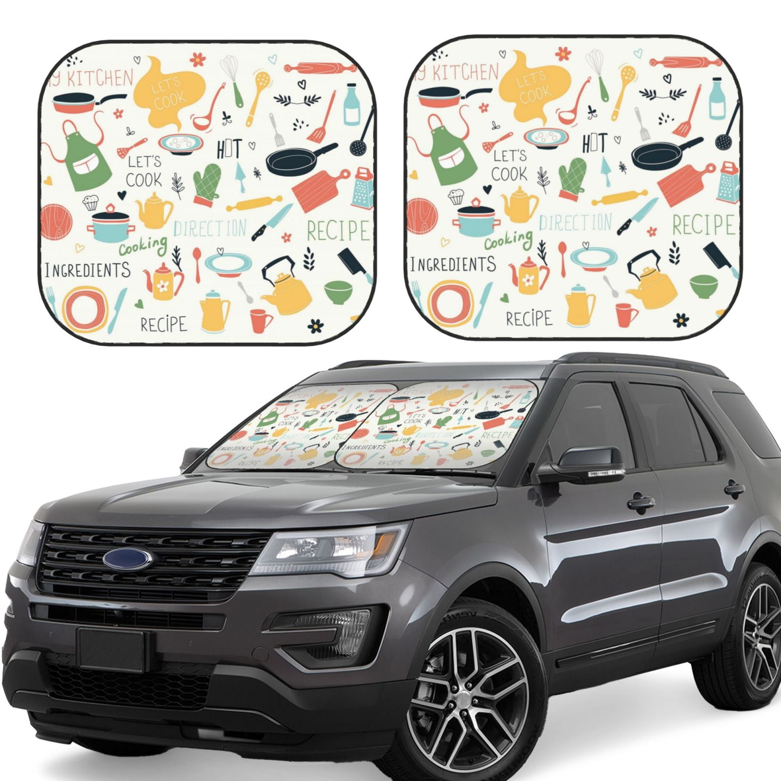 2 Piece Car Windshield Sun Shade - Kitchen Doodle Pattern Foldable ...