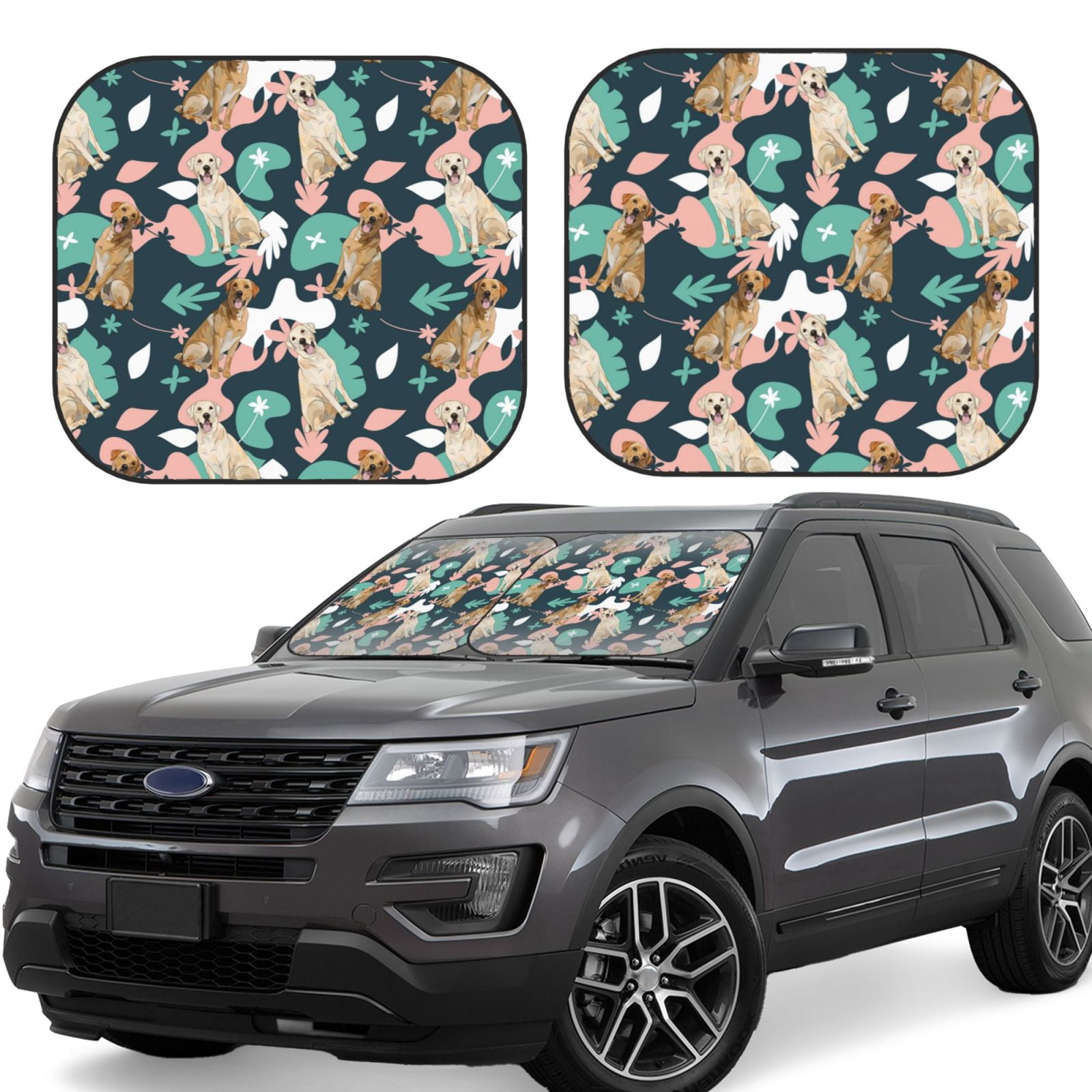 2 Piece Car Windshield Sun Shade - Labrador Retriever Dog Green Pink ...