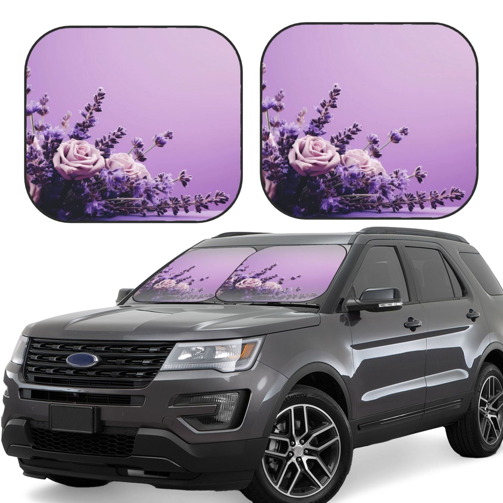 2 Piece Car Windshield Sun Shade - Lavender Roses Arrangement Foldable ...