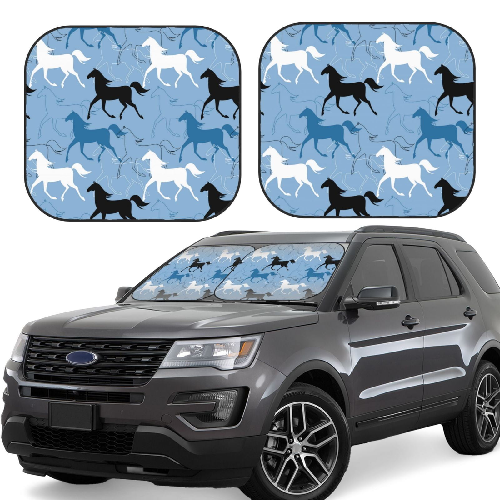 2 Piece Car Windshield Sun Shade - Minimalist Line Horse Black White ...