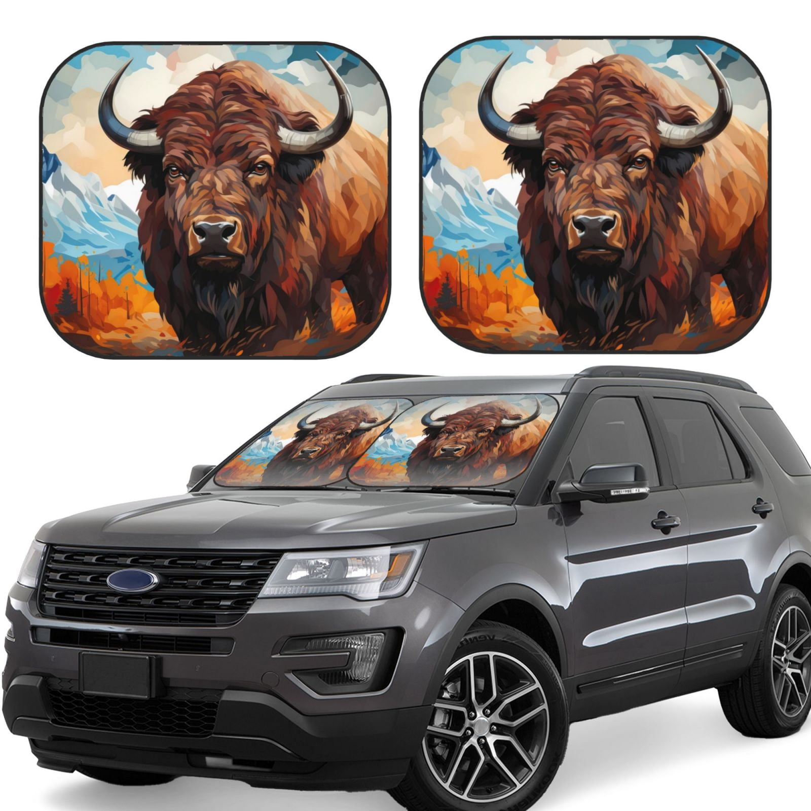 2 Piece Car Windshield Sun Shade - Oil Painting Style Iceberg Yak ...