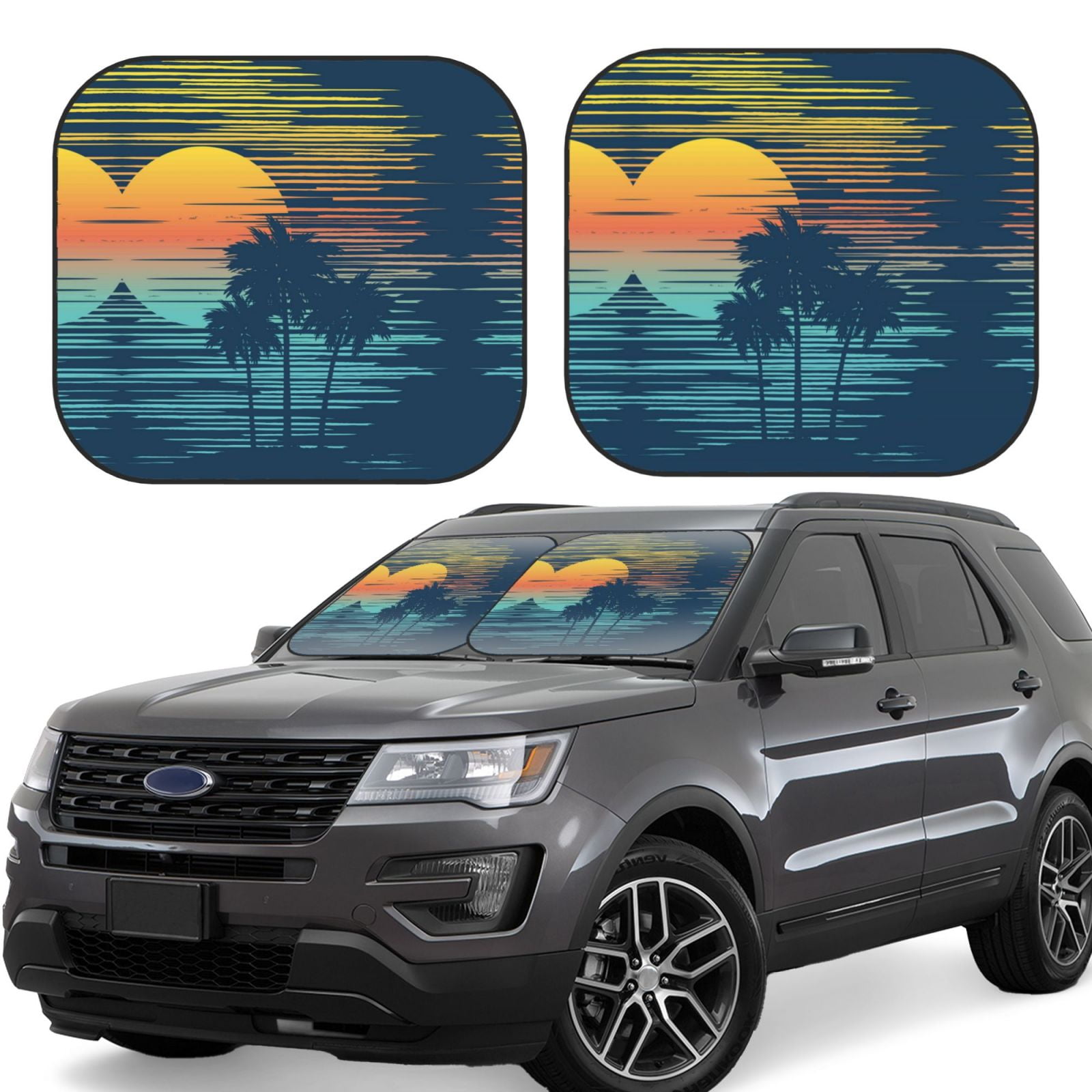 2 Piece Car Windshield Sun Shade - Palm Trees Foldable Front Car Window ...