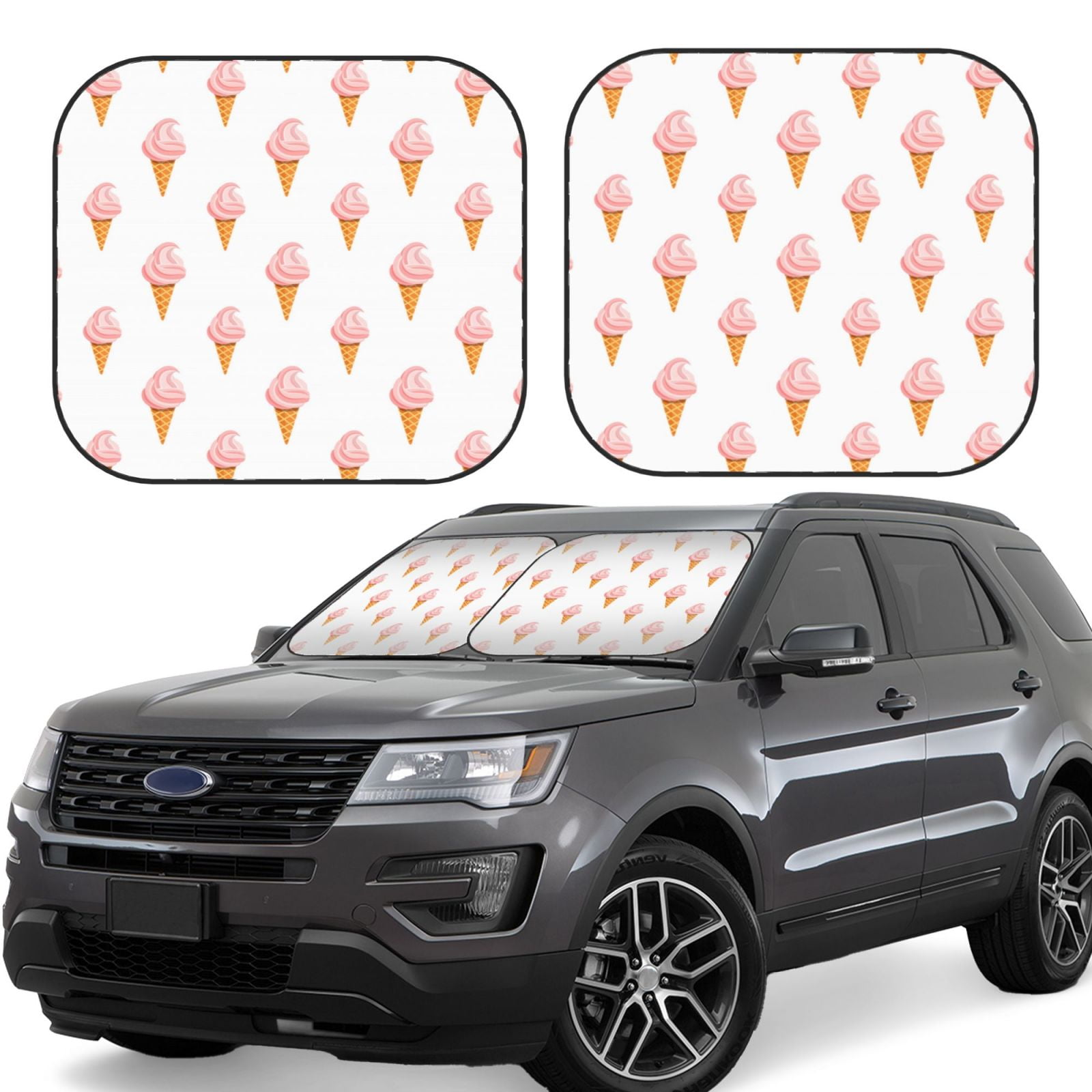 2 Piece Car Windshield Sun Shade - Pink Ice Cream Print Foldable Front ...